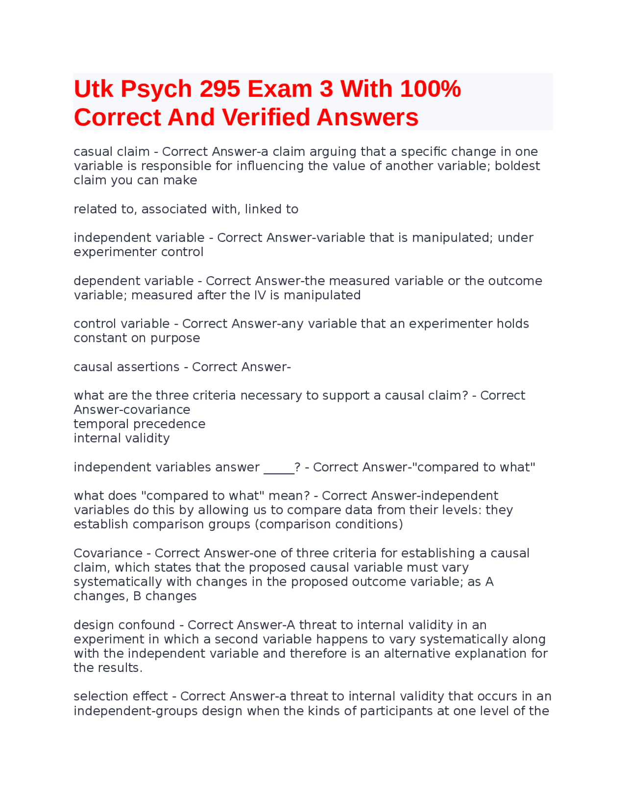 Utk Psych 295 Exam 3 With 100% Correct And Verified Answers | Exams ...