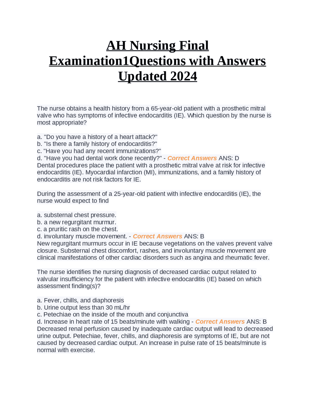AH Nursing Final Examination1Questions with Answers Updated 2024 ...