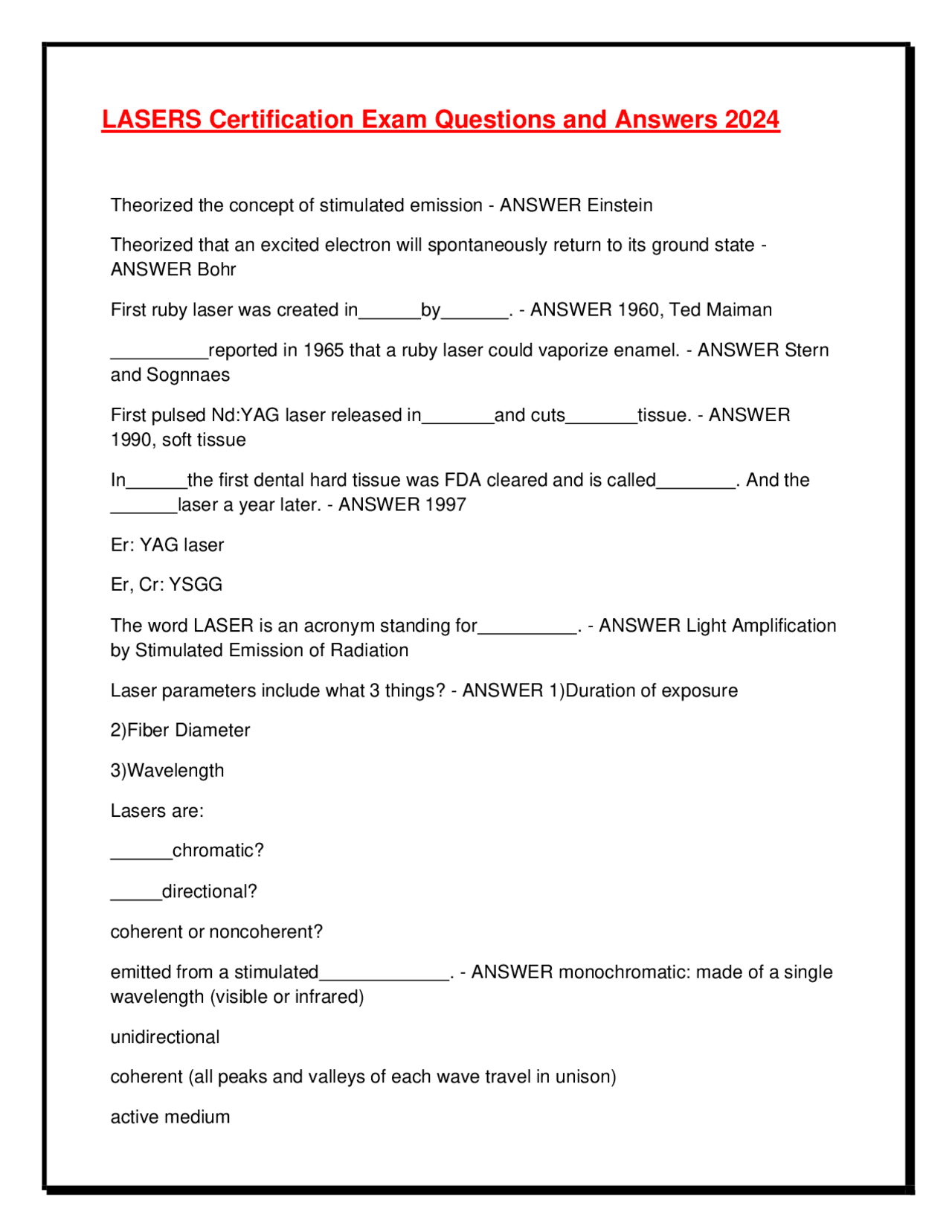 LASERS Certification Exam Questions and Answers 2024 | Exams Nursing ...