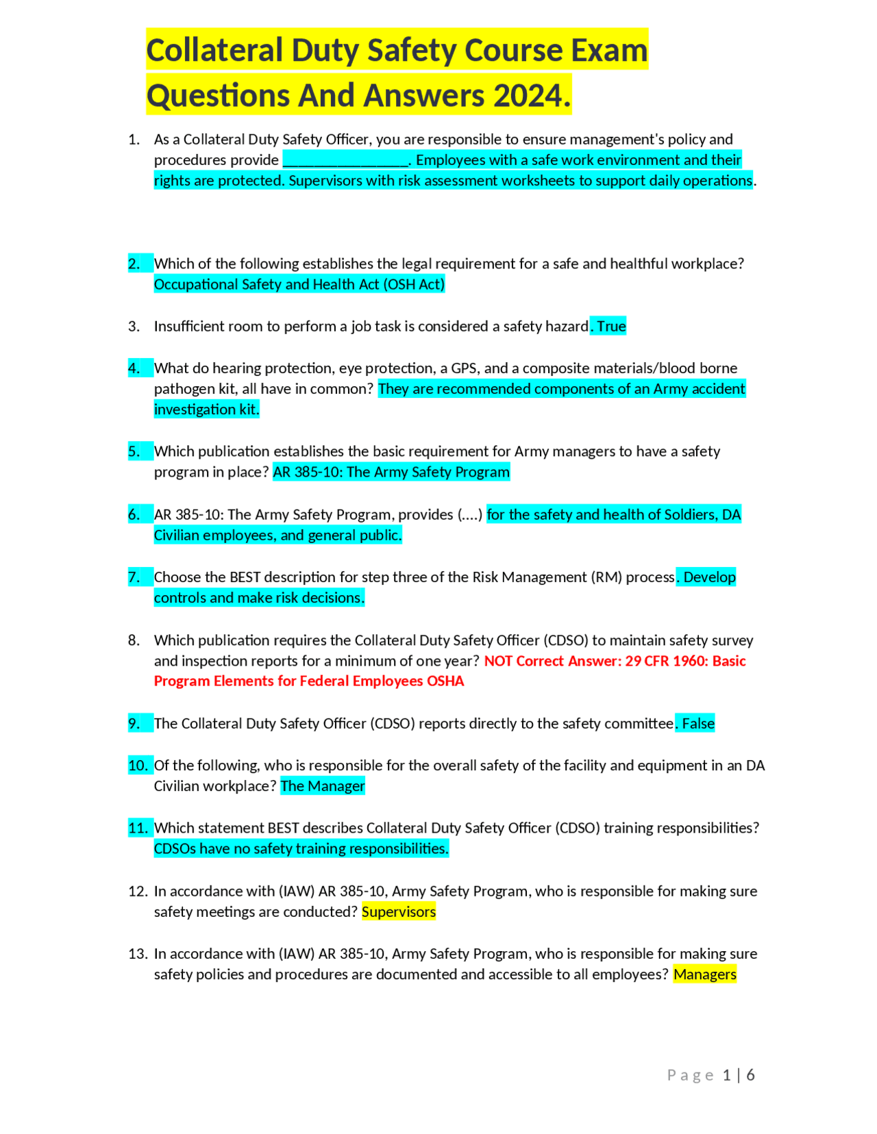 Collateral Duty Safety Course Exam Questions And Answers 2024. | Exams ...