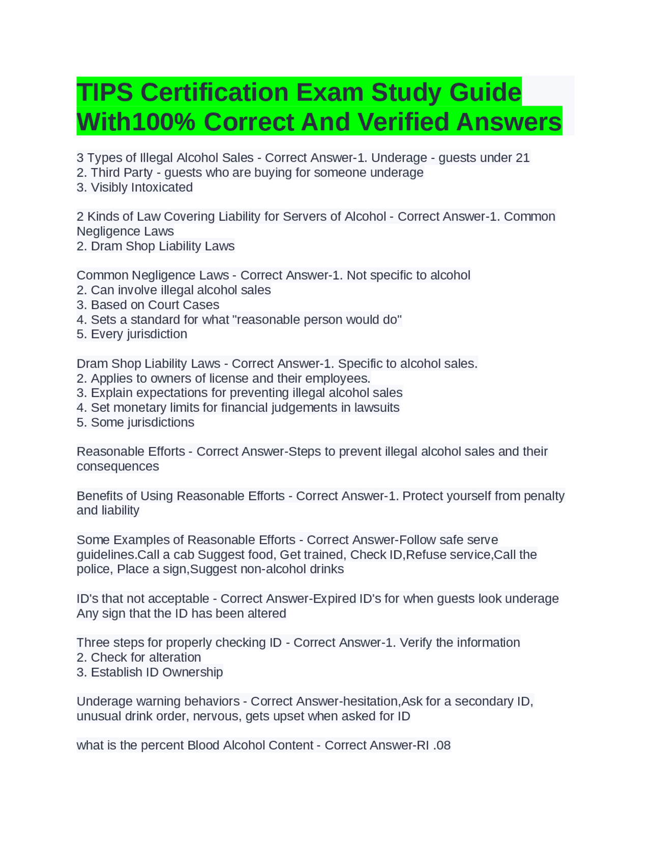 TIPS Certification Exam Study Guide With100% Correct And Verified ...