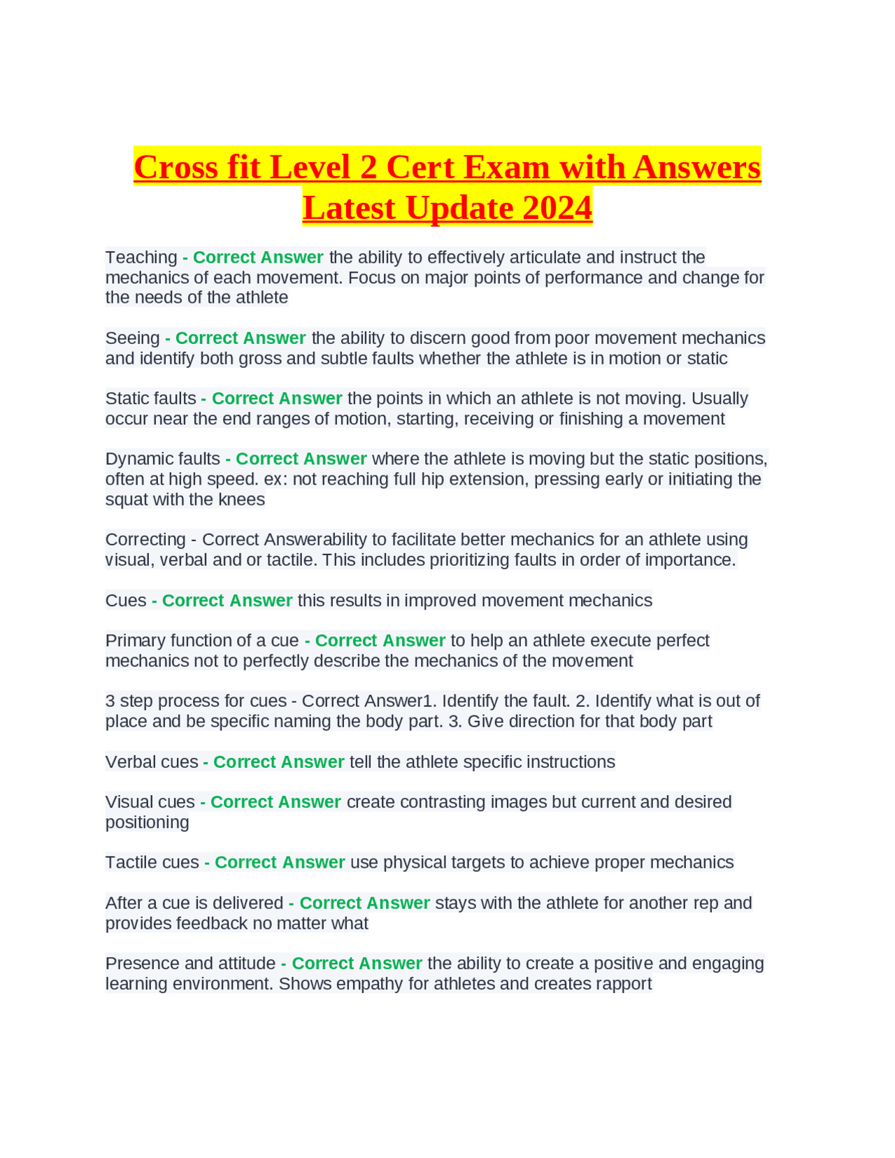 Cross fit Level 2 Cert Exam with Answers Latest Update 2024 | Exams ...