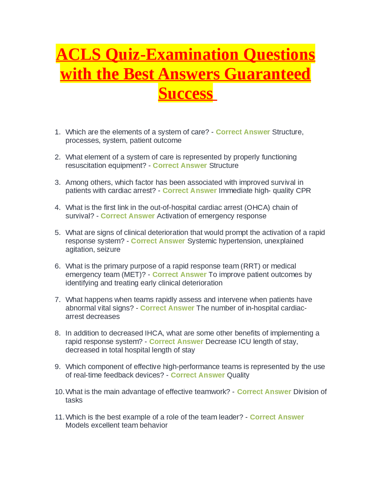 ACLS Quiz-Examination Questions with the Best Answers Guaranteed ...