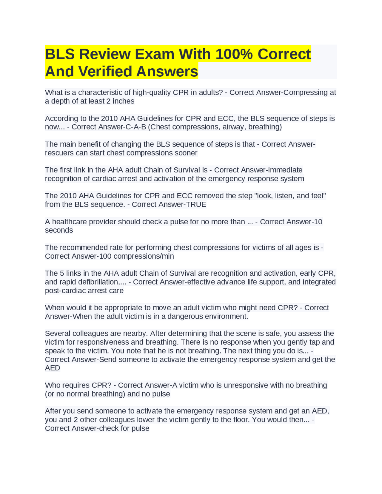 BLS Review Exam With 100% Correct And Verified Answers | Exams Advanced ...
