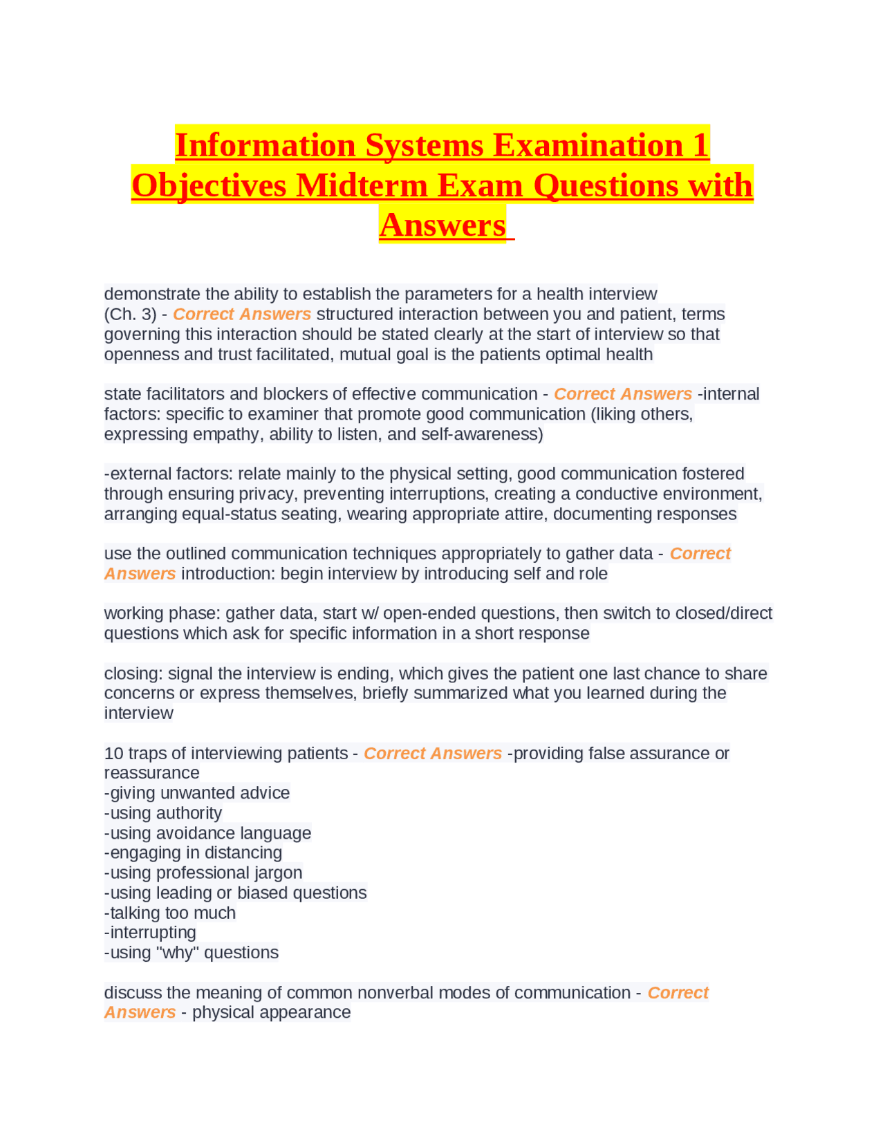 Information Systems Examination 1 Objectives Midterm Exam Questions with Answers | Exams Nursing ...
