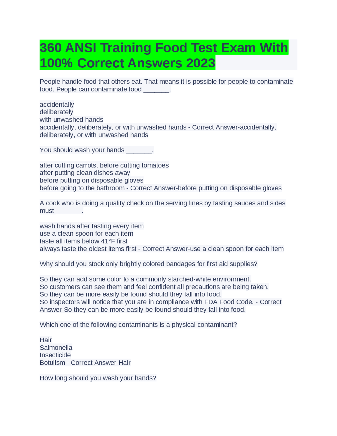 360 ANSI Training Food Test Exam With 100% Correct Answers 2023 | Exams ...