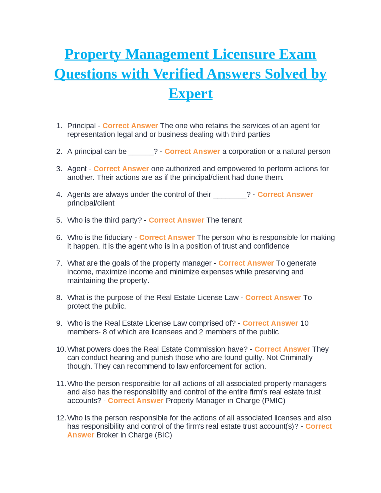 Property Management Licensure Exam Questions with Verified Answers ...