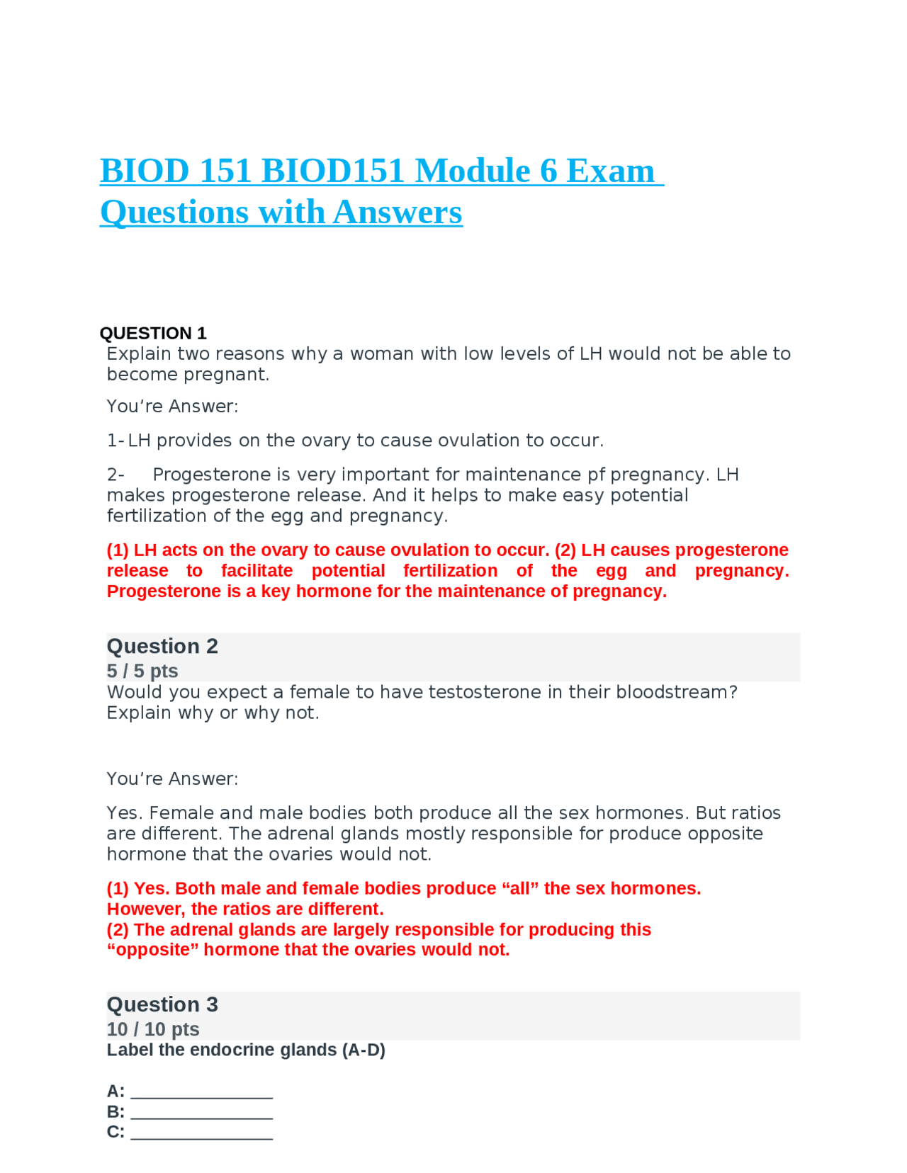 BIOD 151 BIOD151 Module 6 Exam Questions with Answers | Exams Nursing | Docsity
