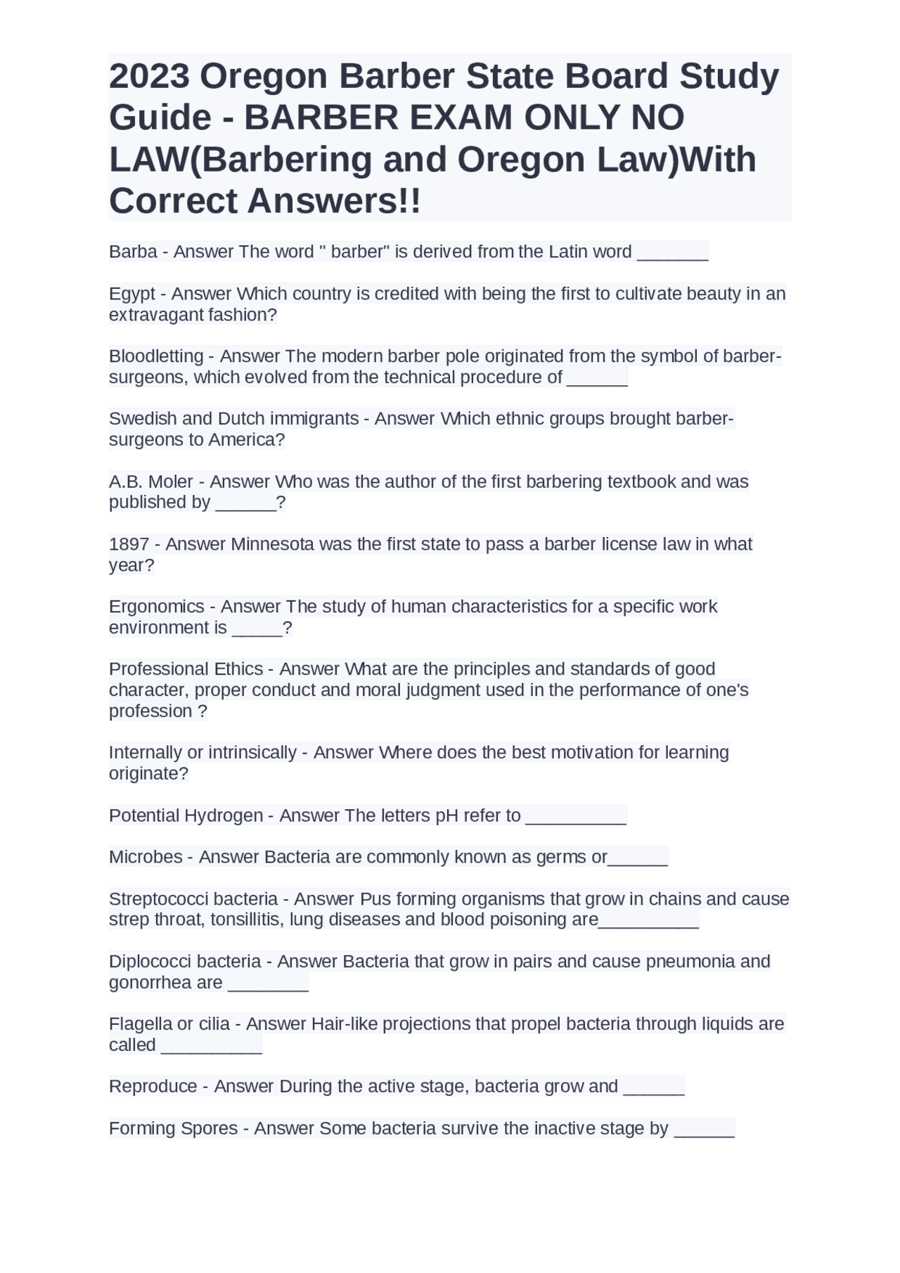 2023 Oregon Barber State Board Study Guide - BARBER EXAM ONLY NO LAW ...
