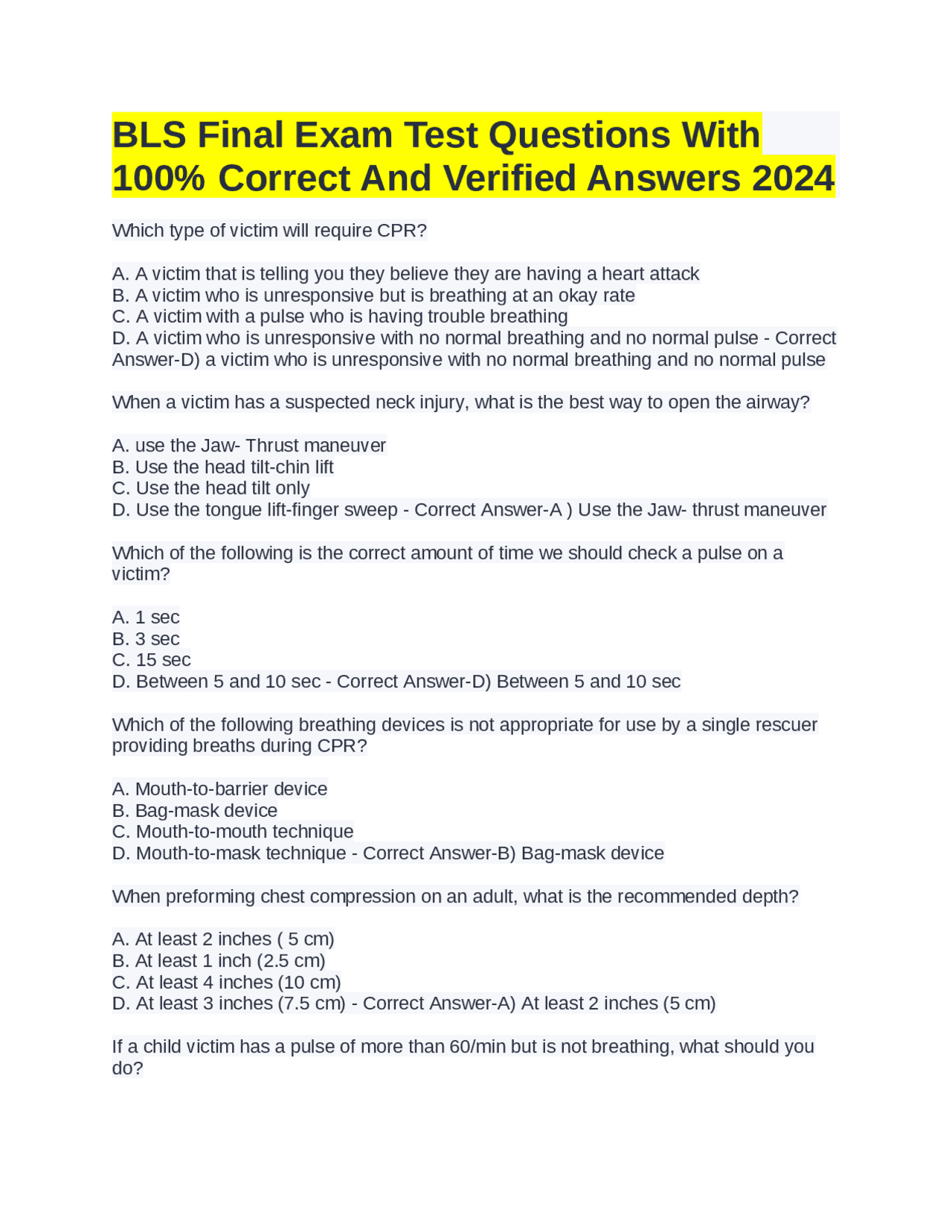 BLS Final Exam Test Questions With 100% Correct And Verified Answers ...