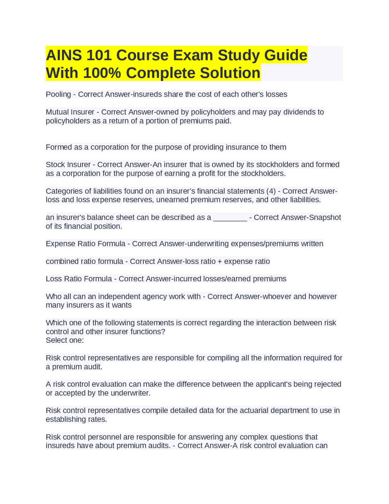 AINS 101 Course Exam Study Guide With 100% Complete Solution | Exams ...