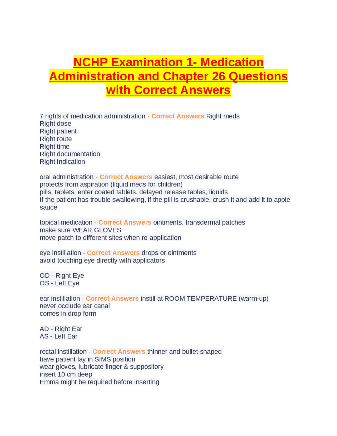 NCHP Examination 1- Medication Administration and Chapter 26 Questions ...