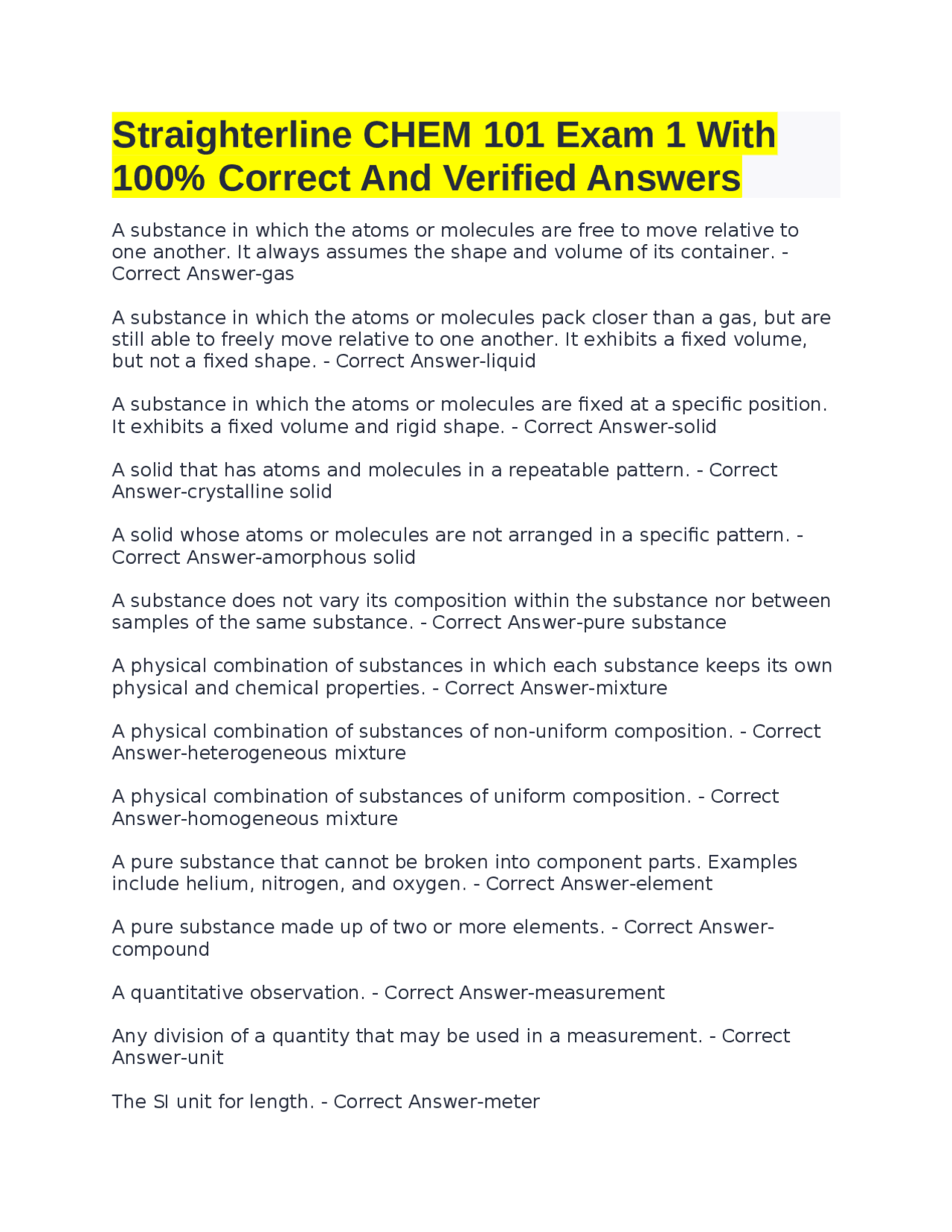 Straighterline CHEM 101 Exam 1 With 100% Correct And Verified Answers ...