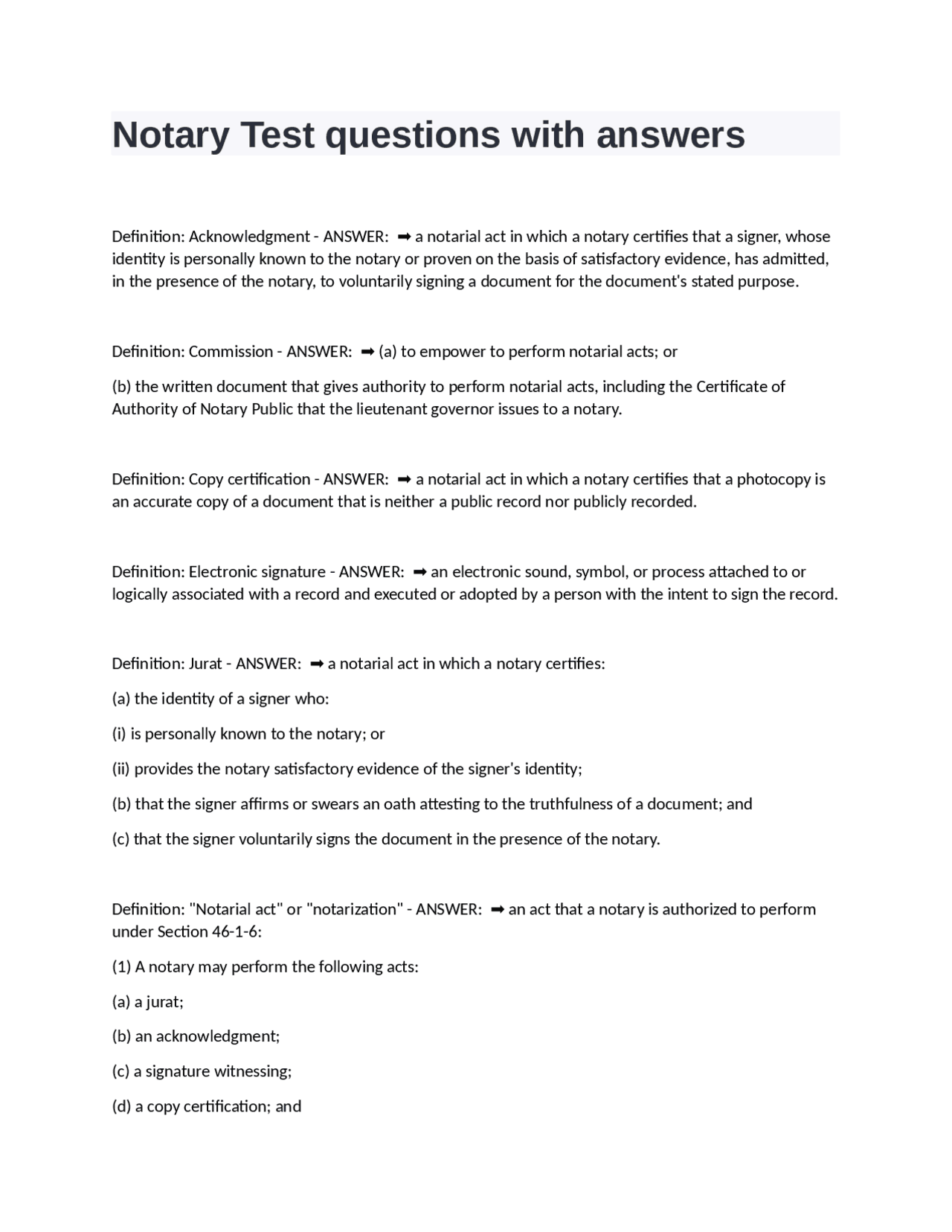 Notary Test questions with answers | Exams Nursing | Docsity