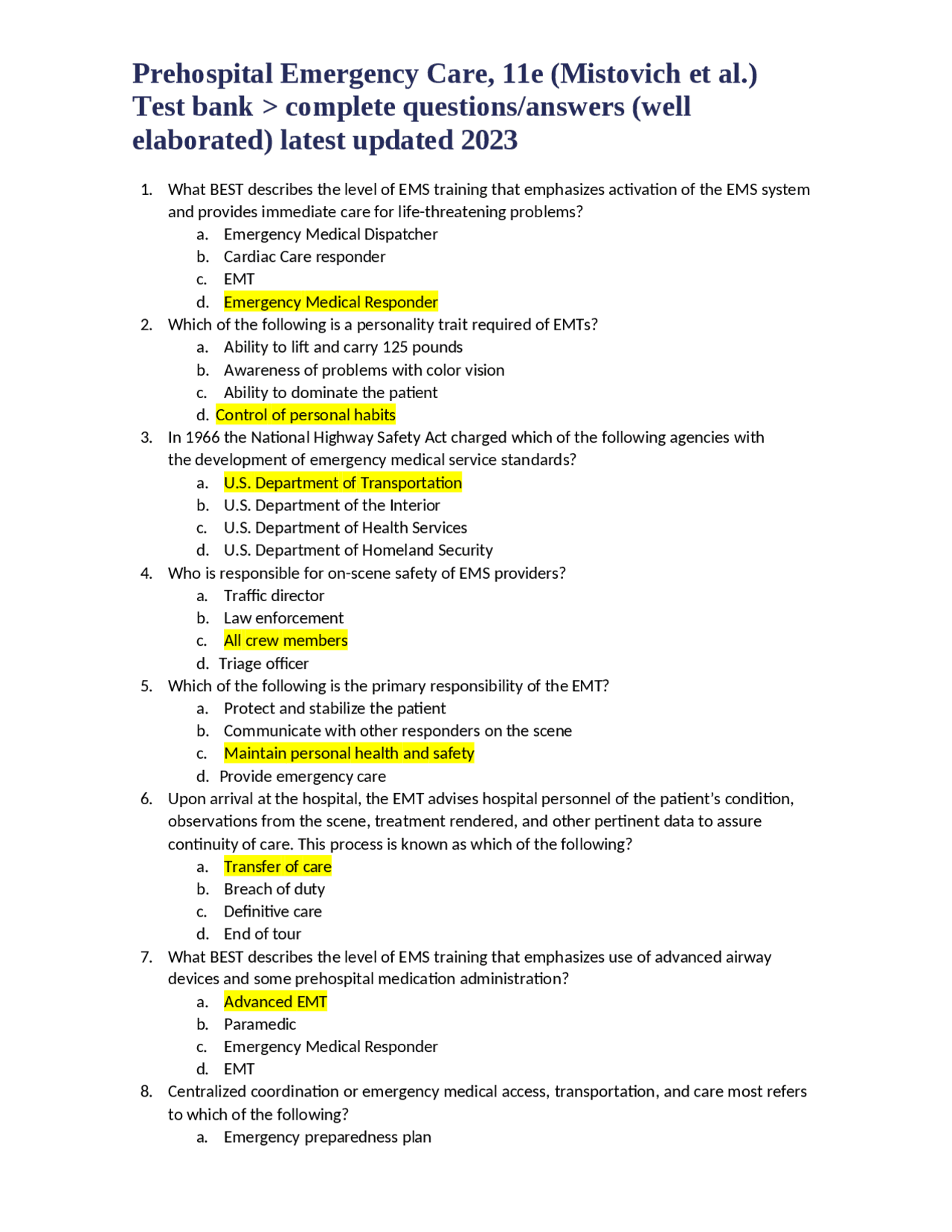 Emergency Medical Services and Patient Care | Exams Nursing | Docsity