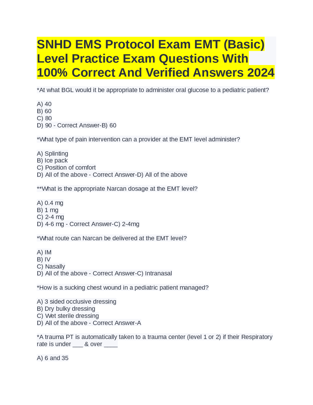 SNHD EMS Protocol Exam EMT (Basic) Level Practice Exam Questions With 100% Correct And Ver ...