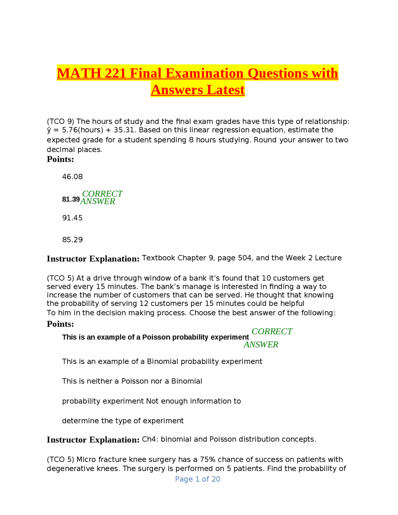 MATH 221 Final Examination Questions with Answers Latest | Exams ...