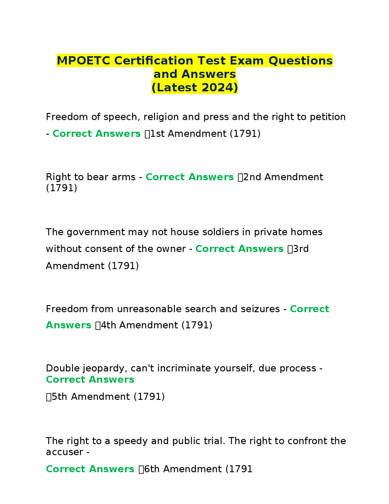 MPOETC Certification Test Exam Questions and Answers (Latest 2024 ...