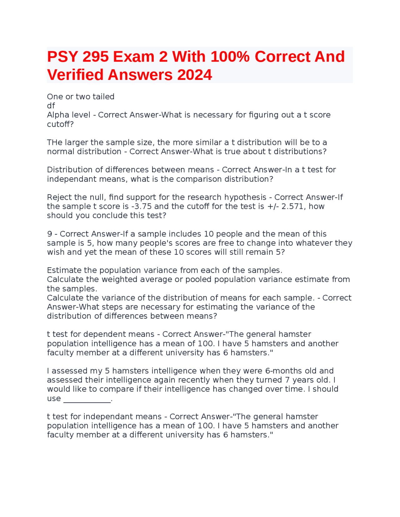 PSY 295 Exam 2 With 100% Correct And Verified Answers 2024 | Exams ...