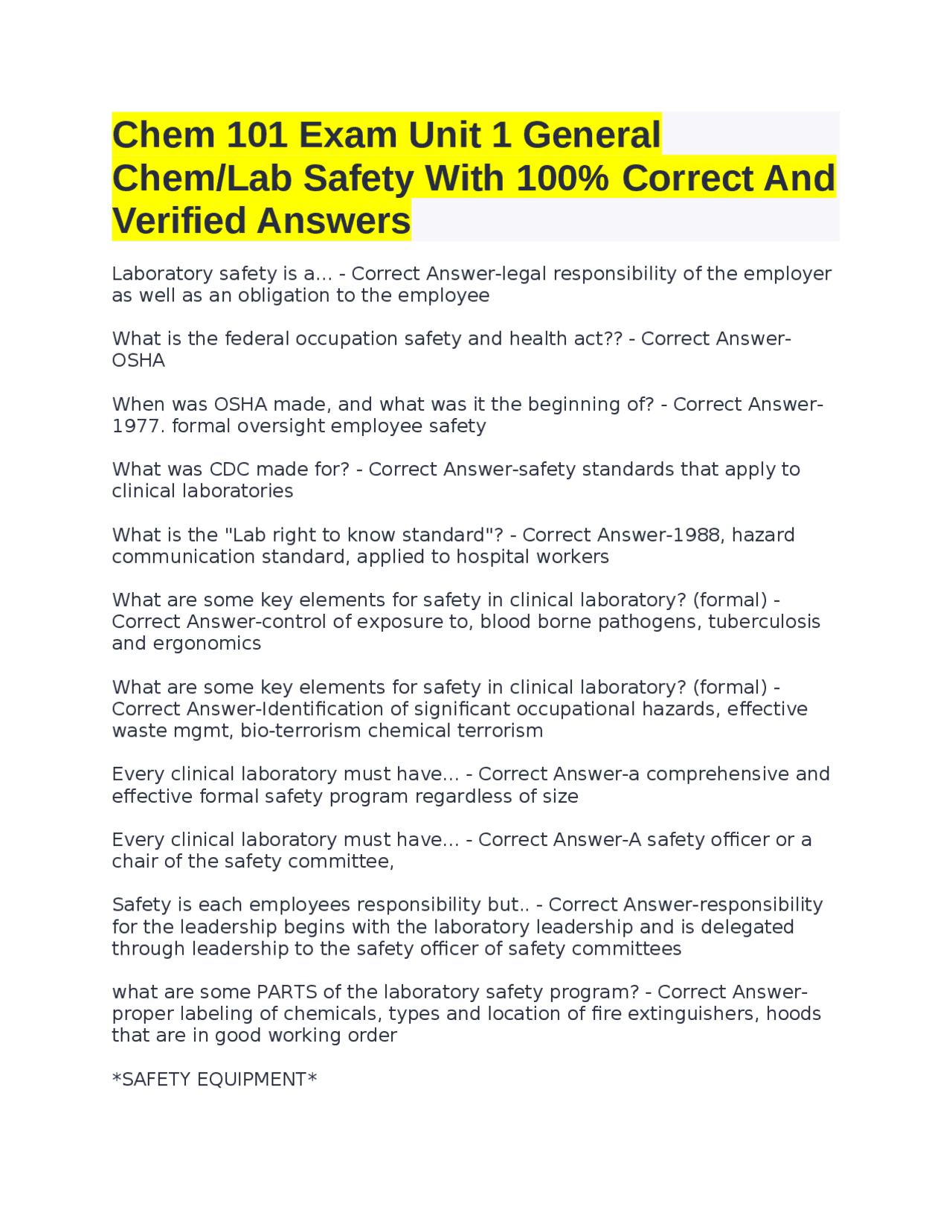 Chem 101 Exam Unit 1 General Chem/Lab Safety With 100% Correct And ...