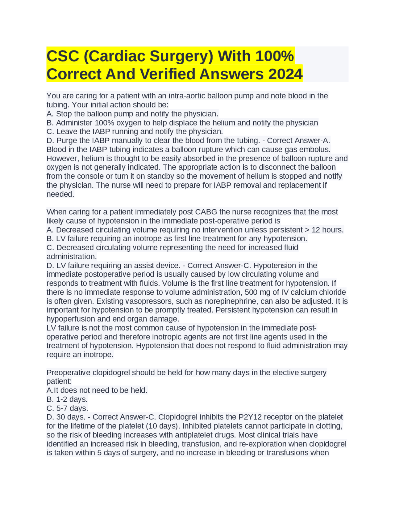 CSC (Cardiac Surgery) With 100% Correct And Verified Answers 2024 ...