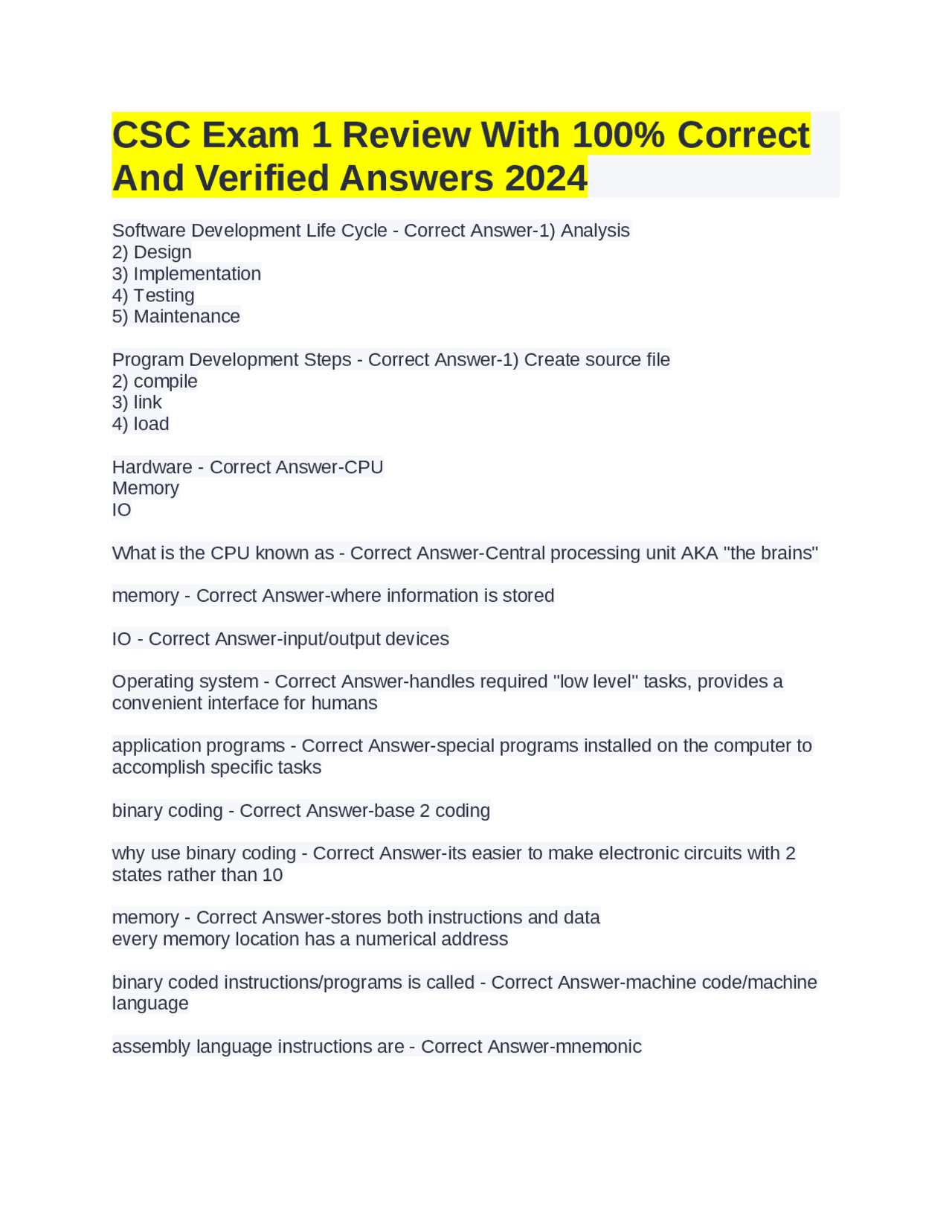 CSC Exam 1 Review With 100% Correct And Verified Answers 2024 | Exams ...