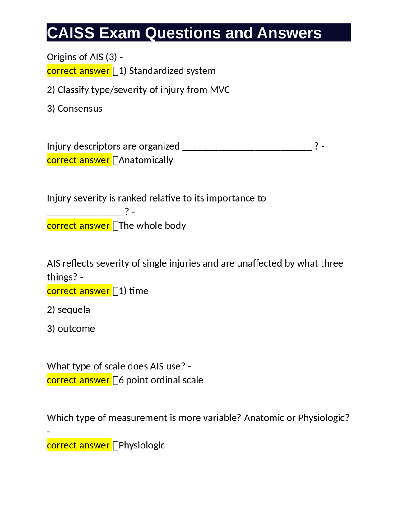 CAISS Exam Questions and Answers | Exams Medicine | Docsity