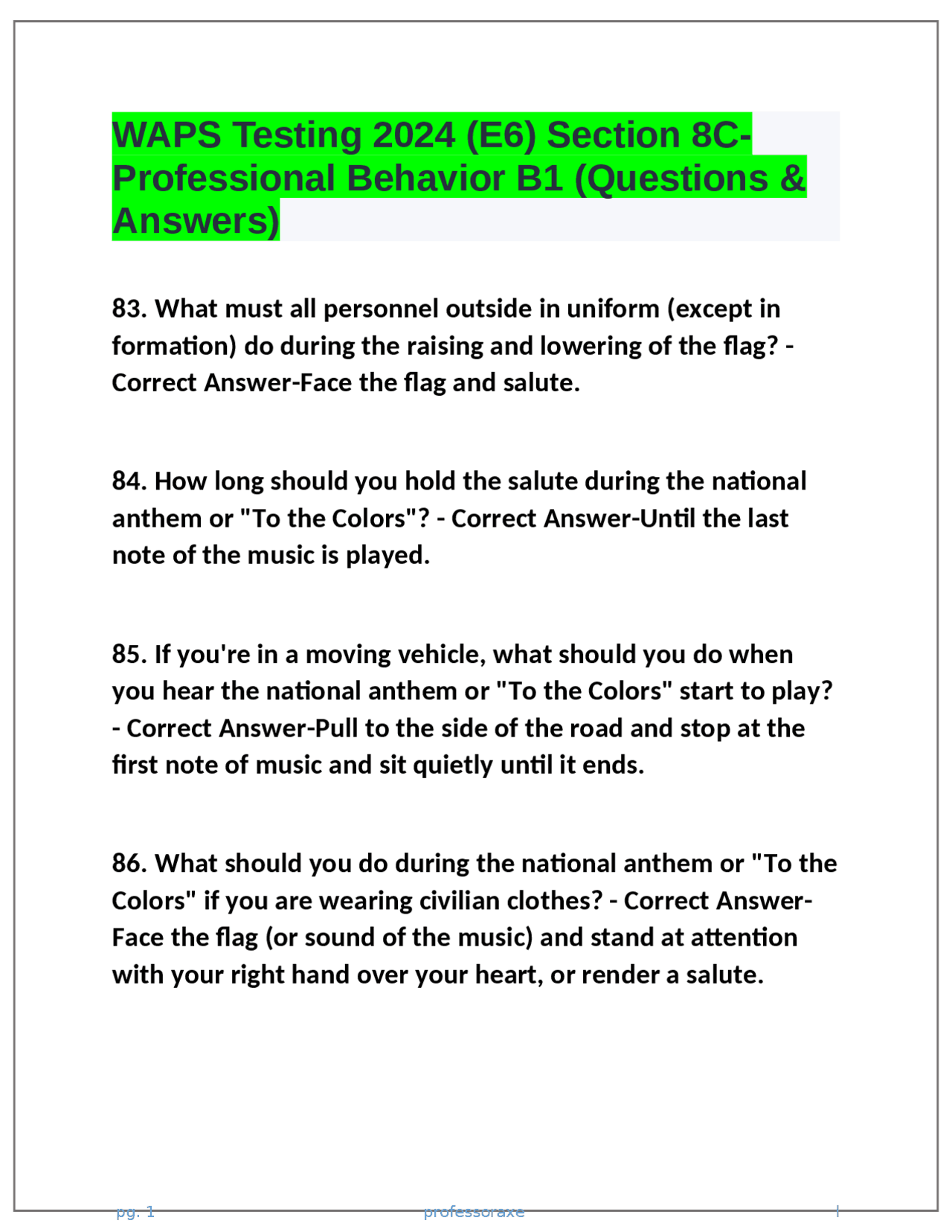 WAPS Testing 2024 (E6) Section 8C-Professional Behavior B1 (Questions ...