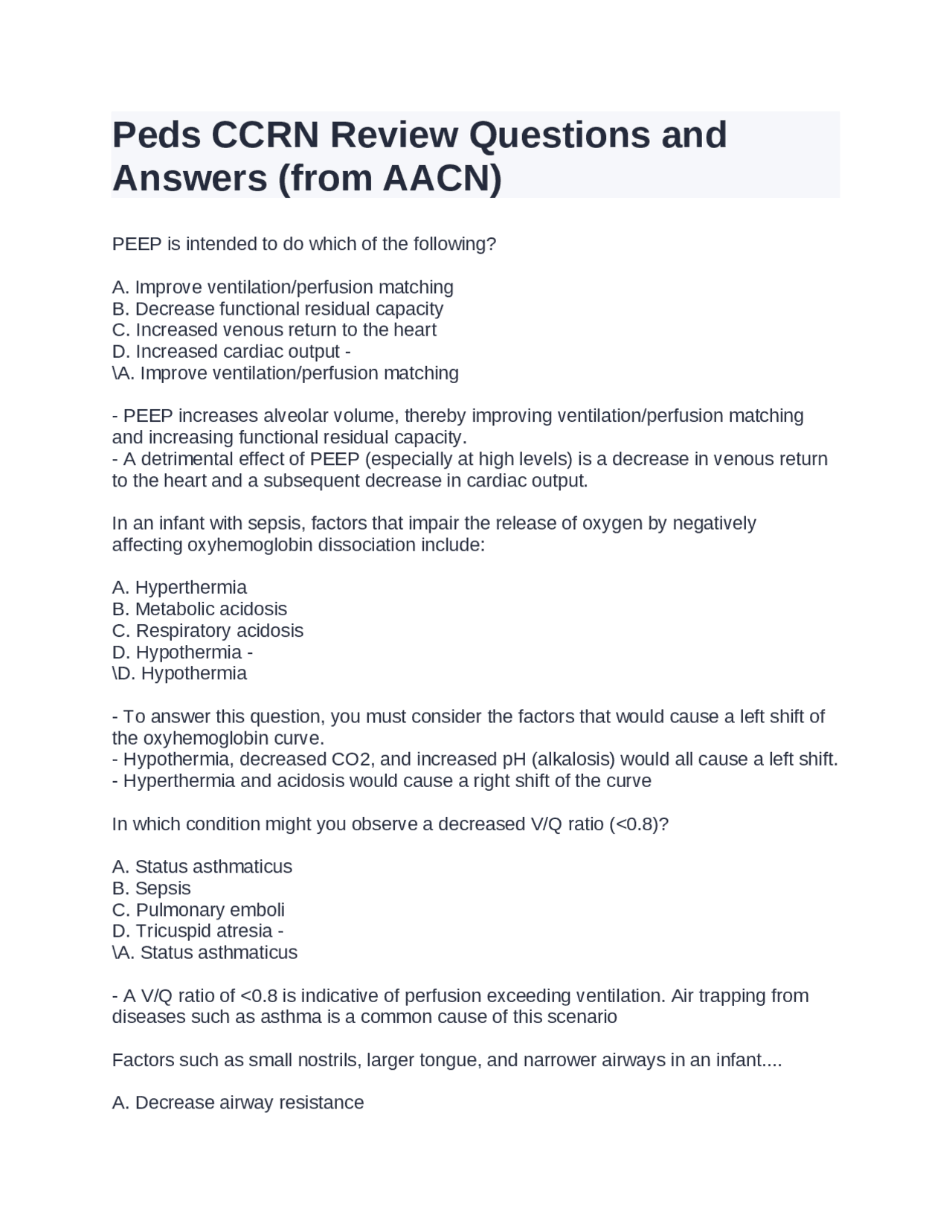 Peds CCRN Review Questions and Answers (from AACN) | Exams Nursing ...
