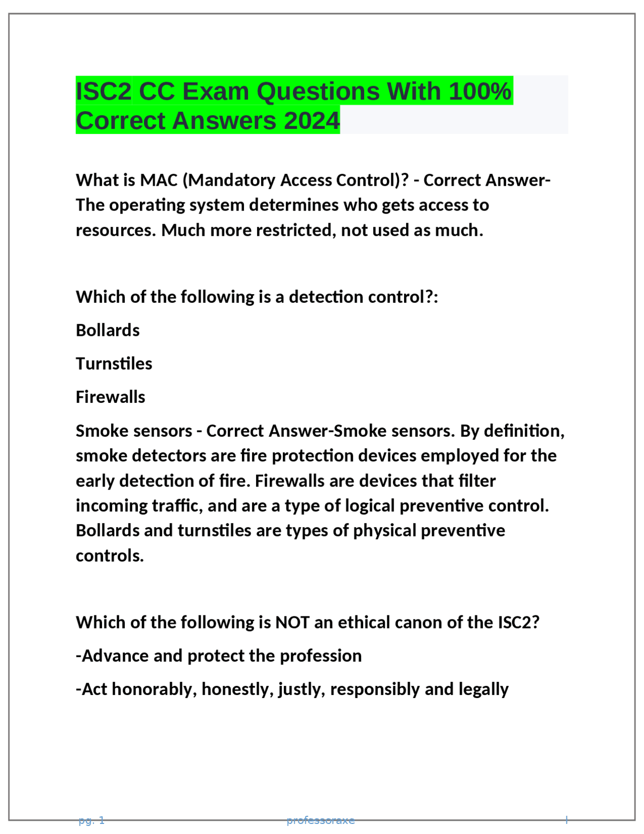 ISC2 CC Exam Questions With 100% Correct Answers 2024 | Exams Advanced ...