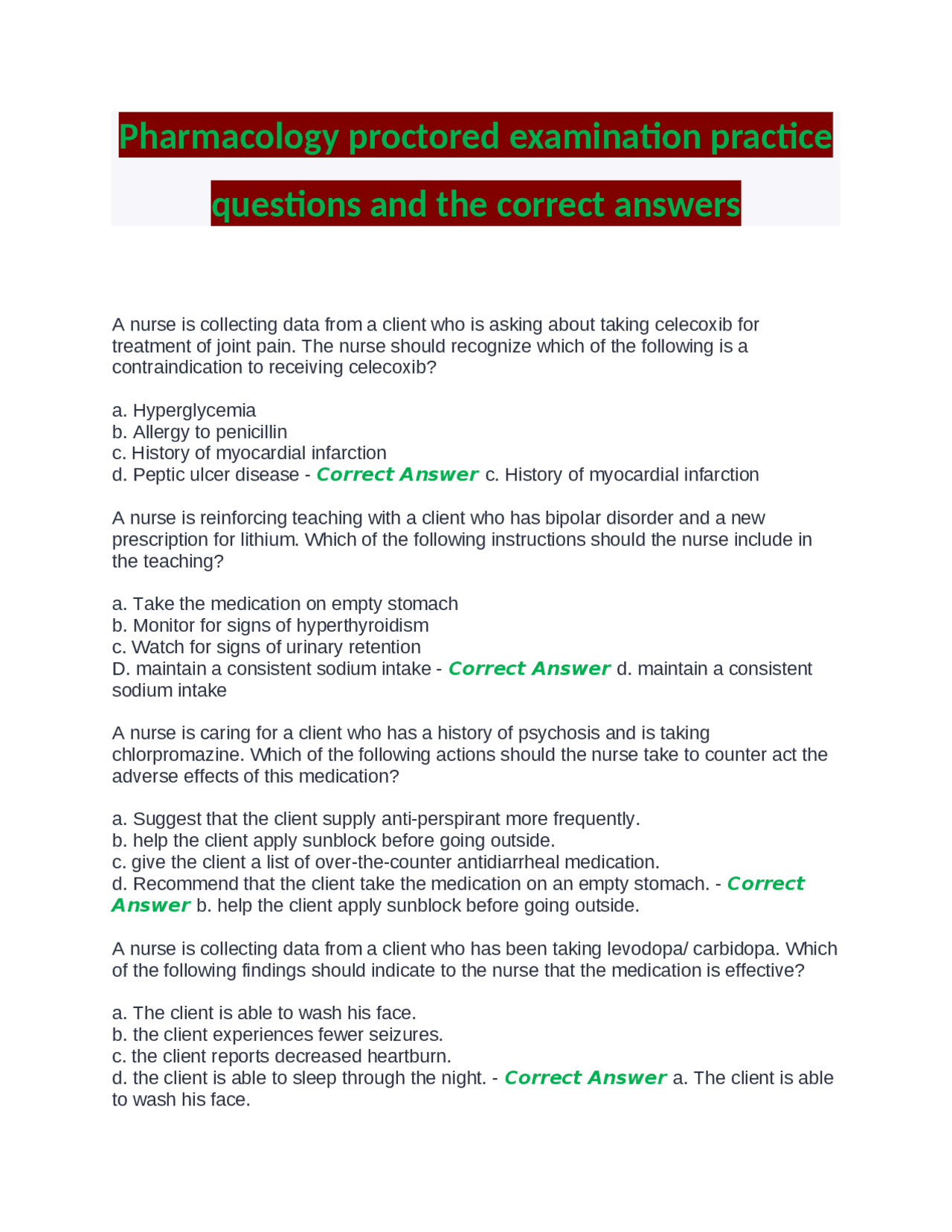 Pharmacology proctored examination practice questions and the correct ...