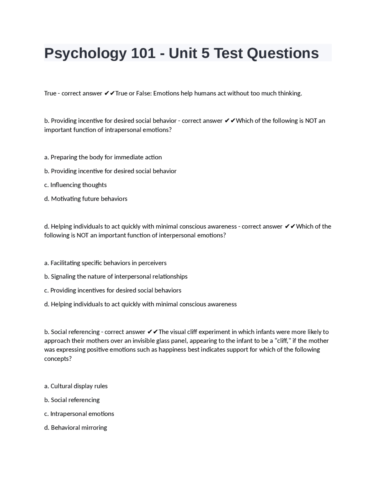 Psychology 101 - Unit 5 Test Questions with answers graded A+ | Exams ...