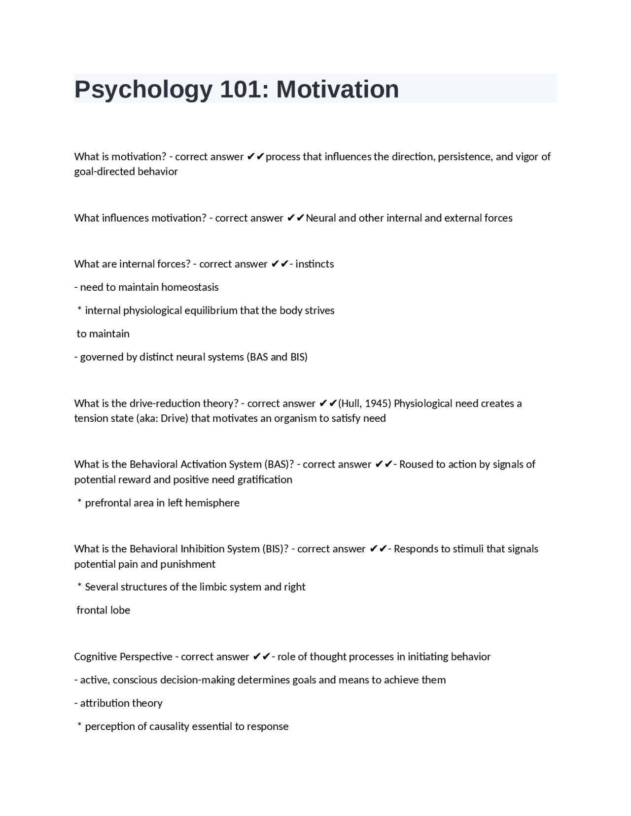 Psychology 101: Motivation questions with verified solutions | Exams ...