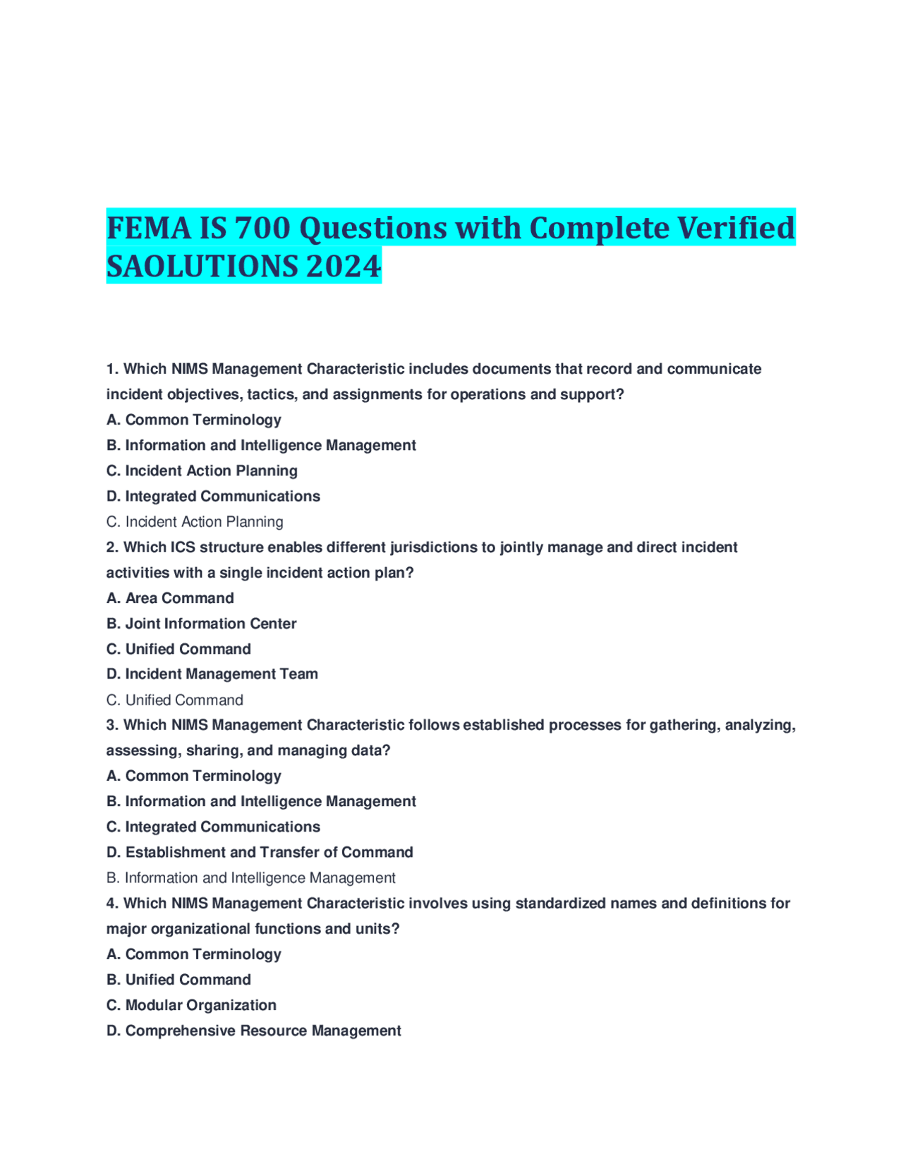FEMA IS 700 Questions with Complete Verified SAOLUTIONS 2024 | Exams ...
