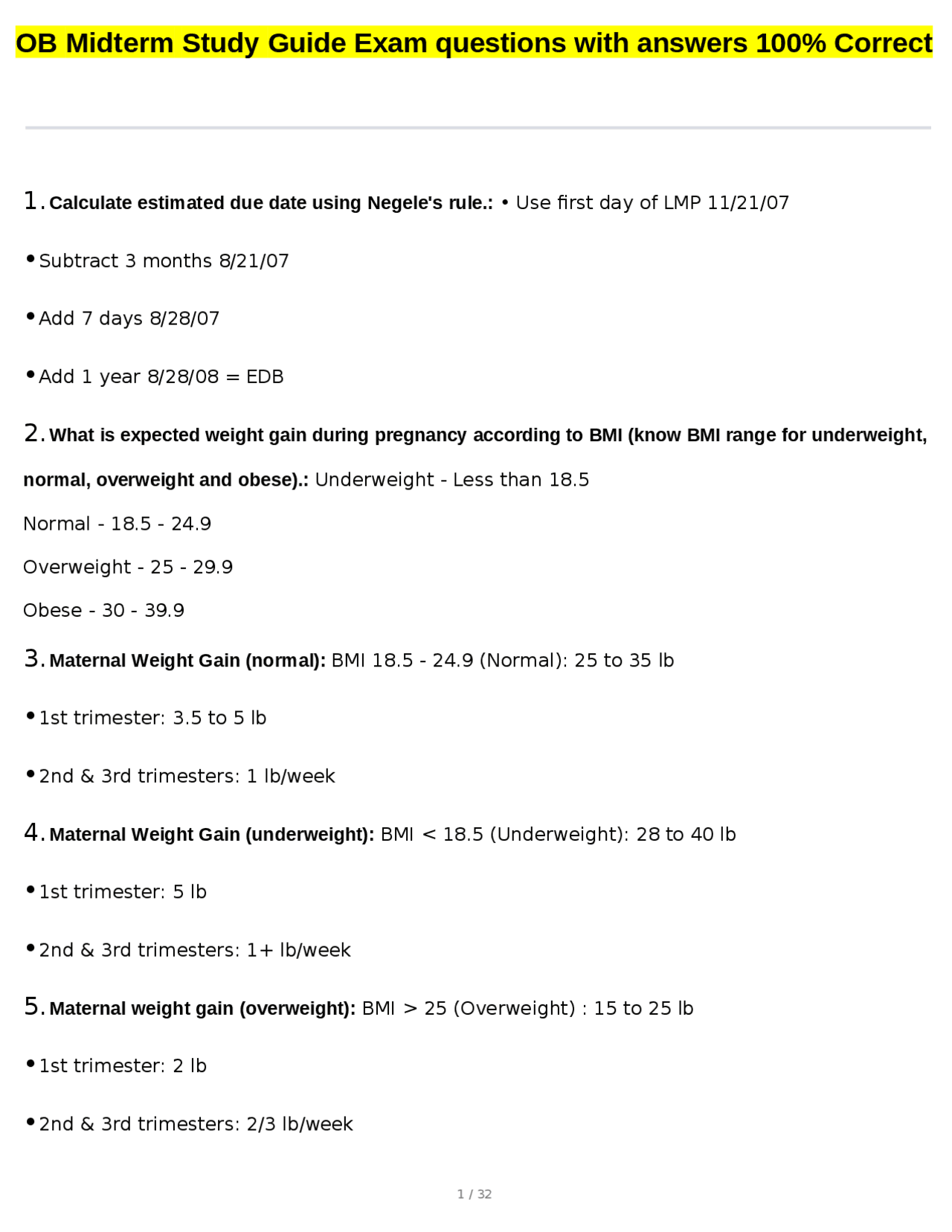 OB Midterm Study Guide Exam questions with answers 100% Correct | Exams ...