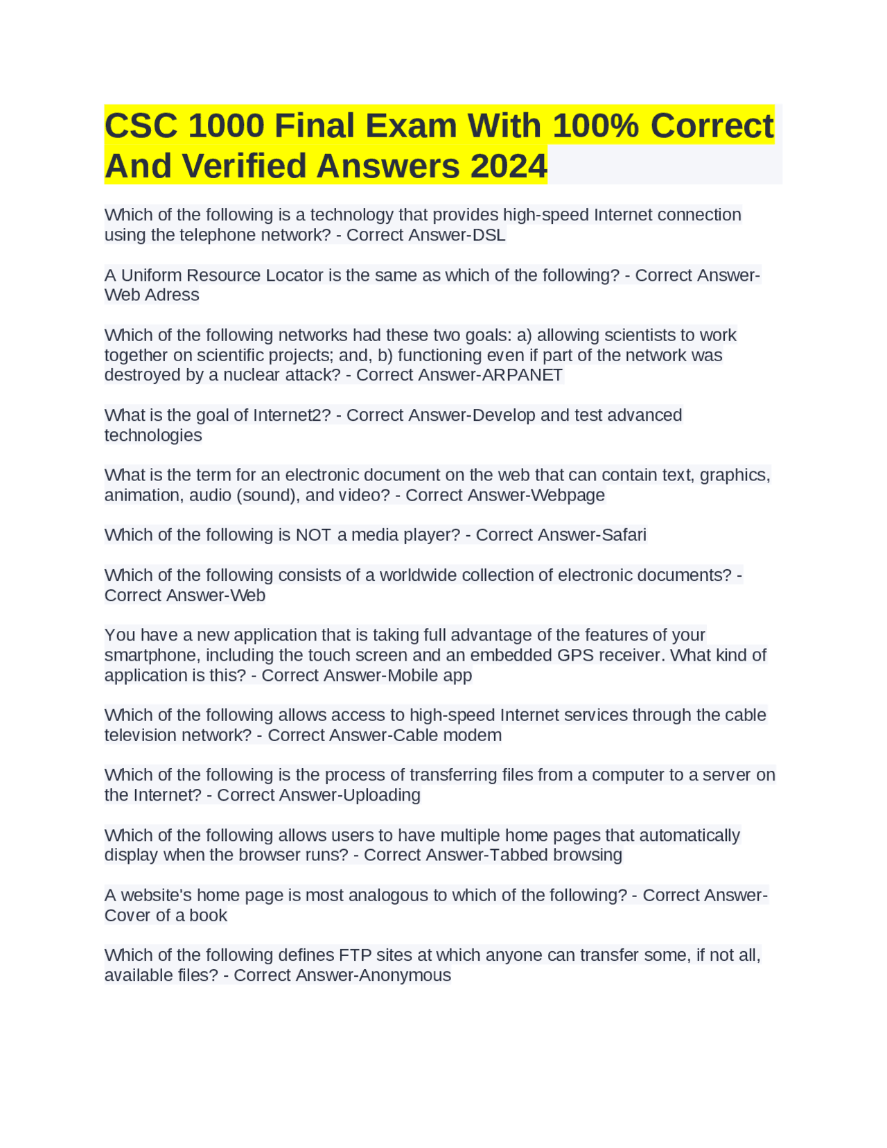 CSC 1000 Final Exam With 100% Correct And Verified Answers 2024 | Exams Advanced Education | Docsity