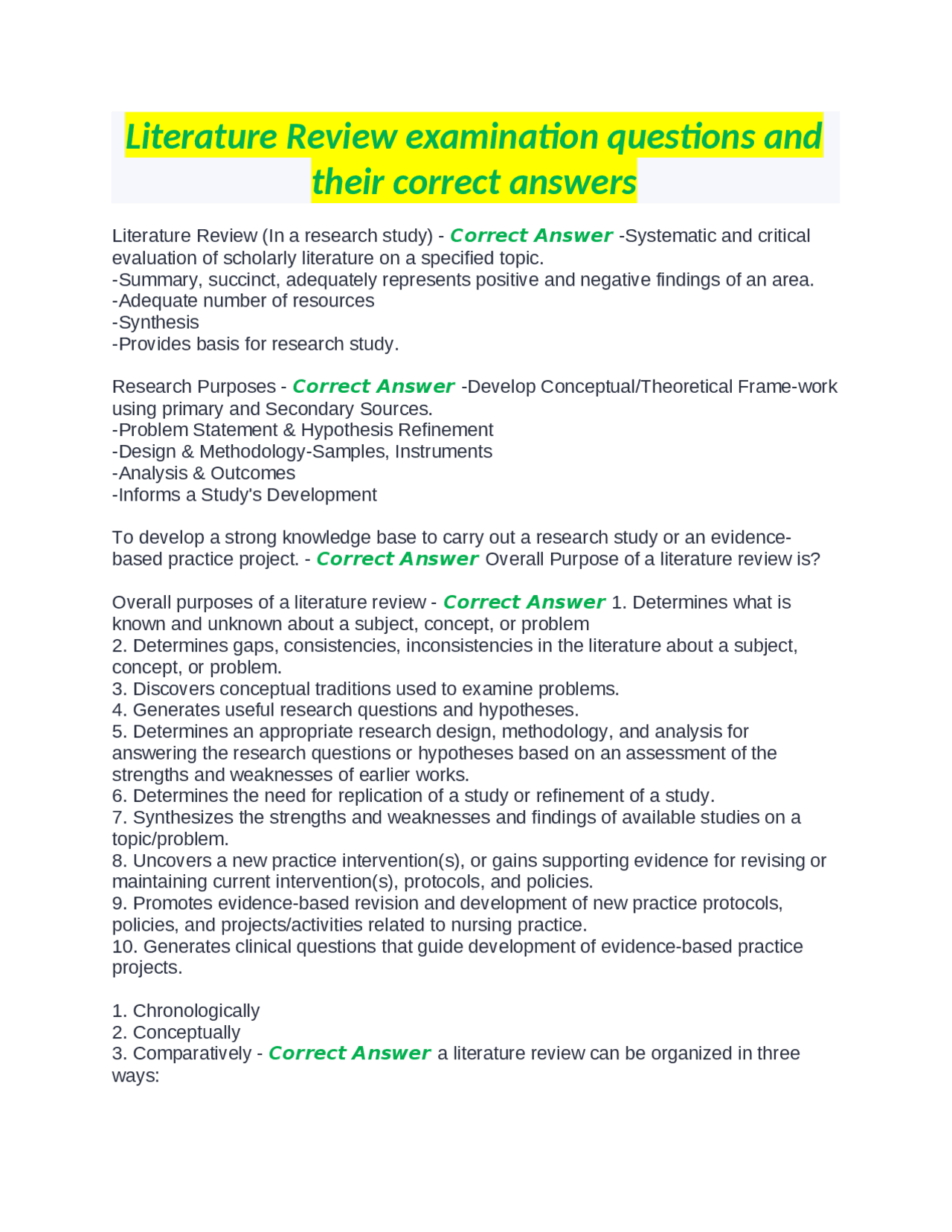 Literature Review examination questions and their correct answers ...