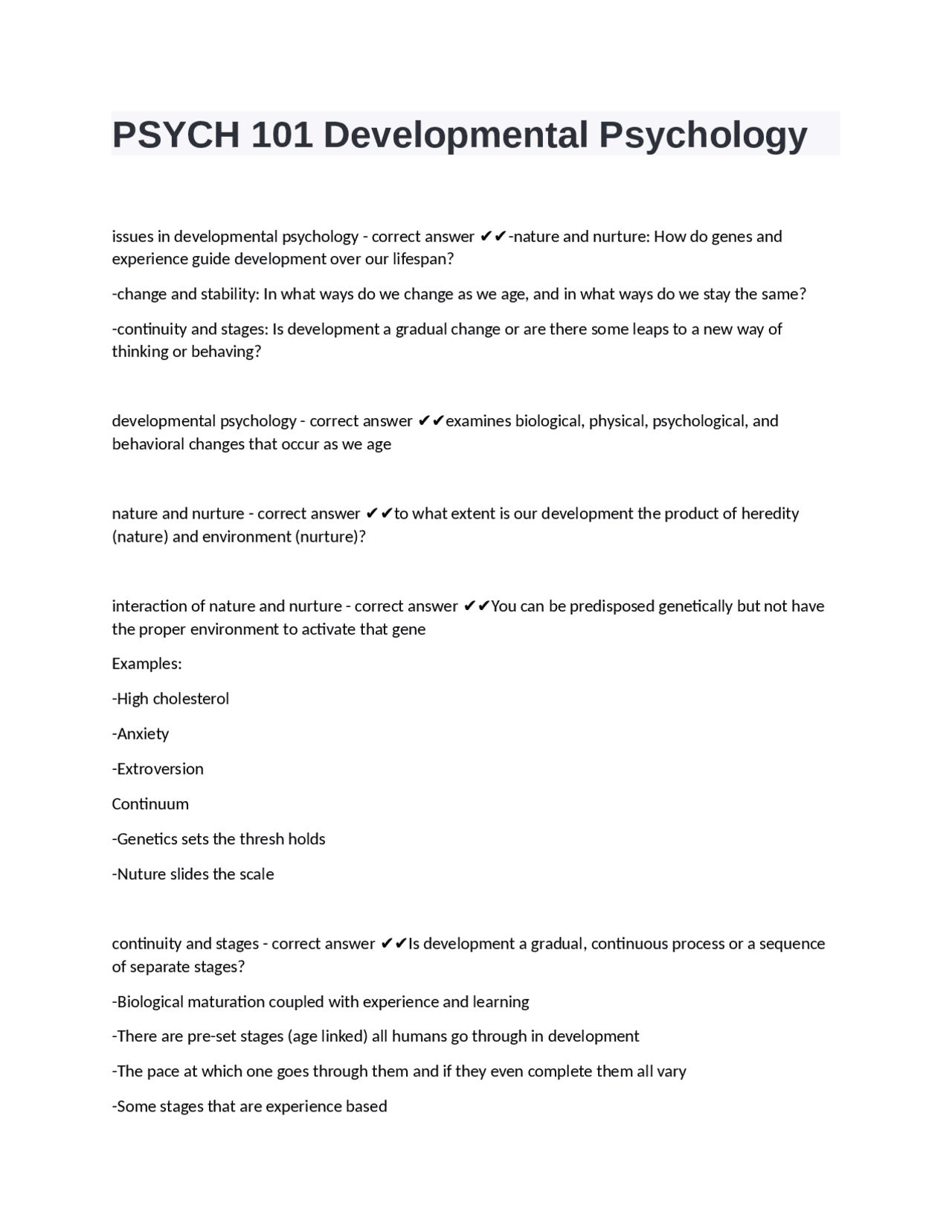 PSYCH 101 Developmental Psychology with complete solutions | Exams ...