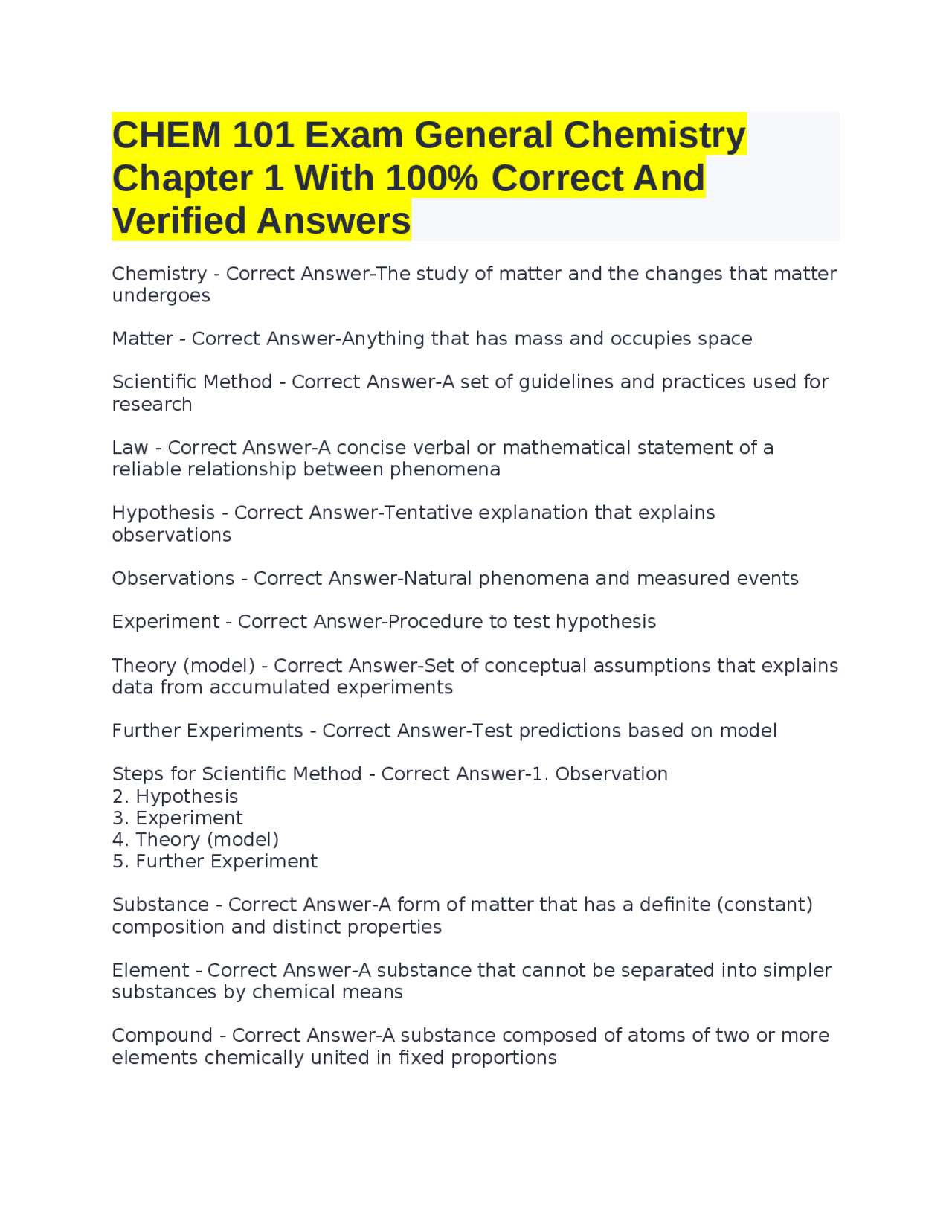 CHEM 101 Exam General Chemistry Chapter 1 With 100% Correct And Verified Answers | Exams ...