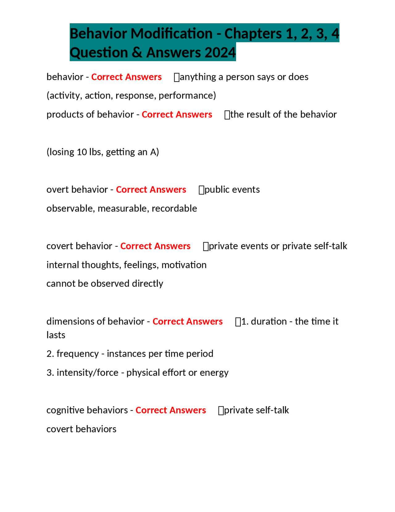 Behavior Modification - Chapters 1, 2, 3, 4 Question & Answers 2024 ...