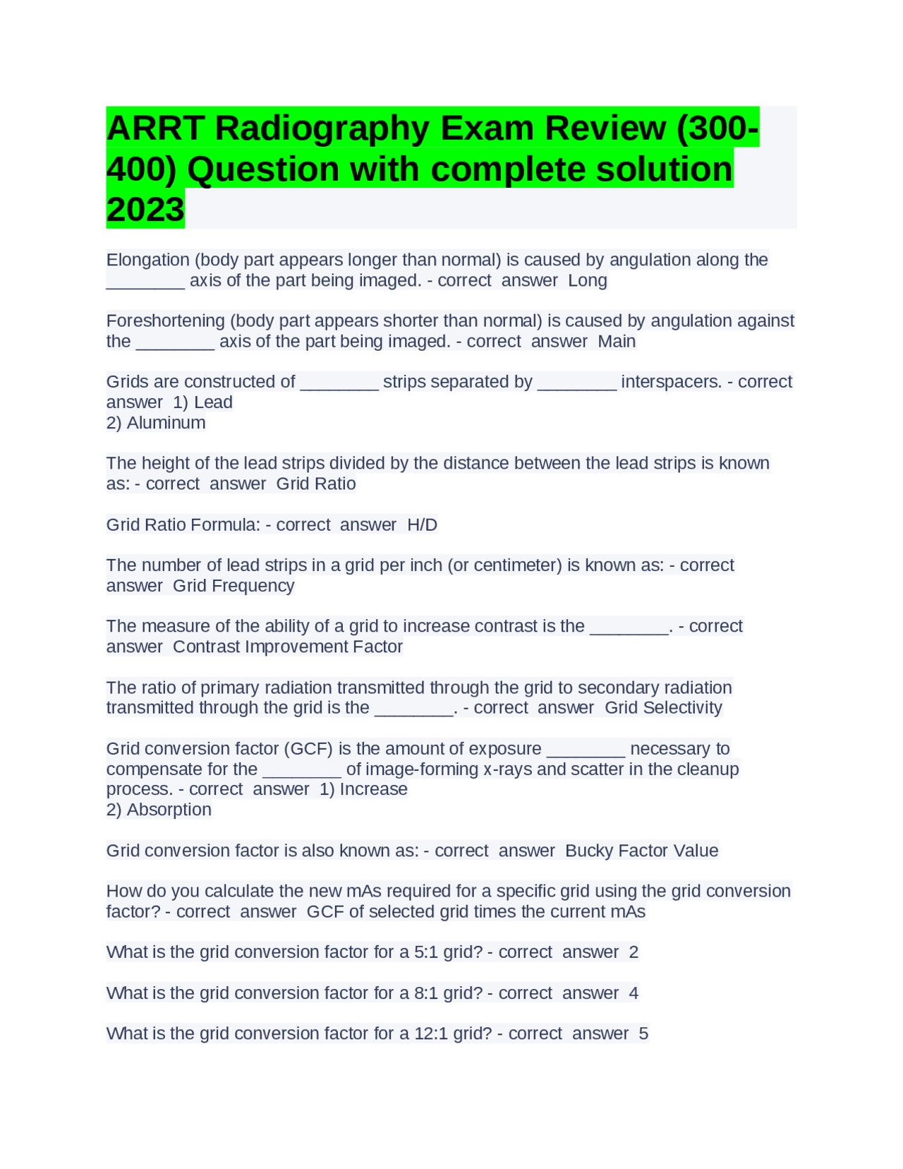 ARRT Radiography Exam Review (300-400) Question with complete solution ...