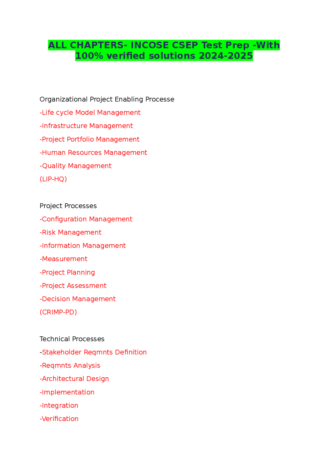 ALL CHAPTERS- INCOSE CSEP Test Prep -With 100% verified solutions 2024 ...