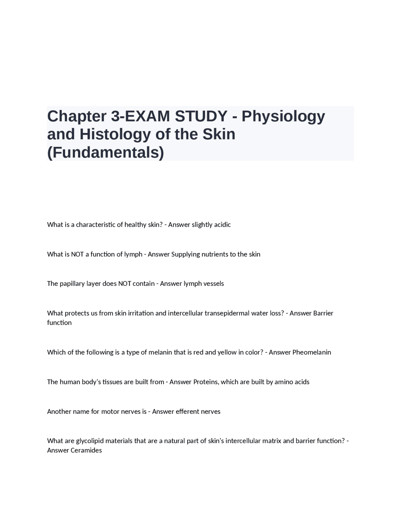 Chapter 3-EXAM STUDY - Physiology and Histology of the Skin (Fundamentals) | Exams Nursing | Docsity