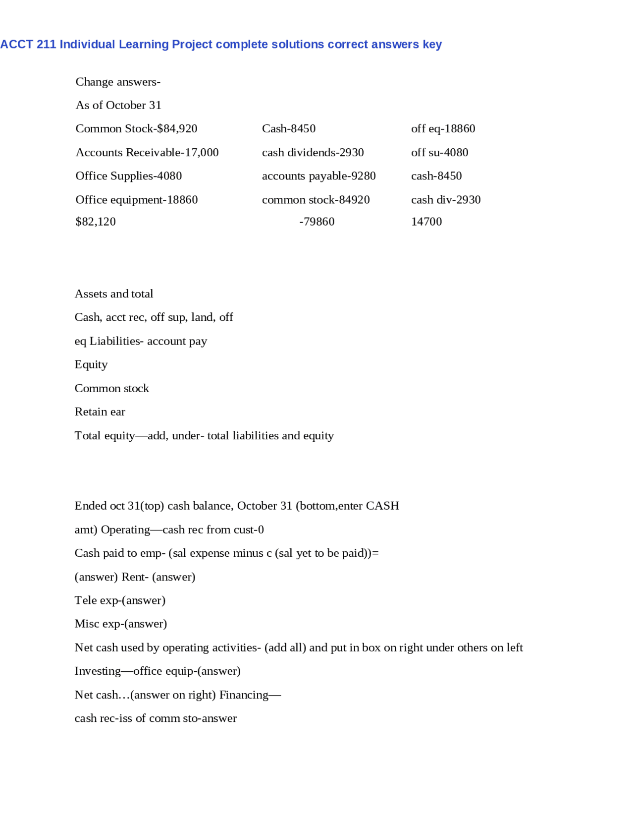 ACCT 211 Individual Learning Project complete solutions correct answers ...
