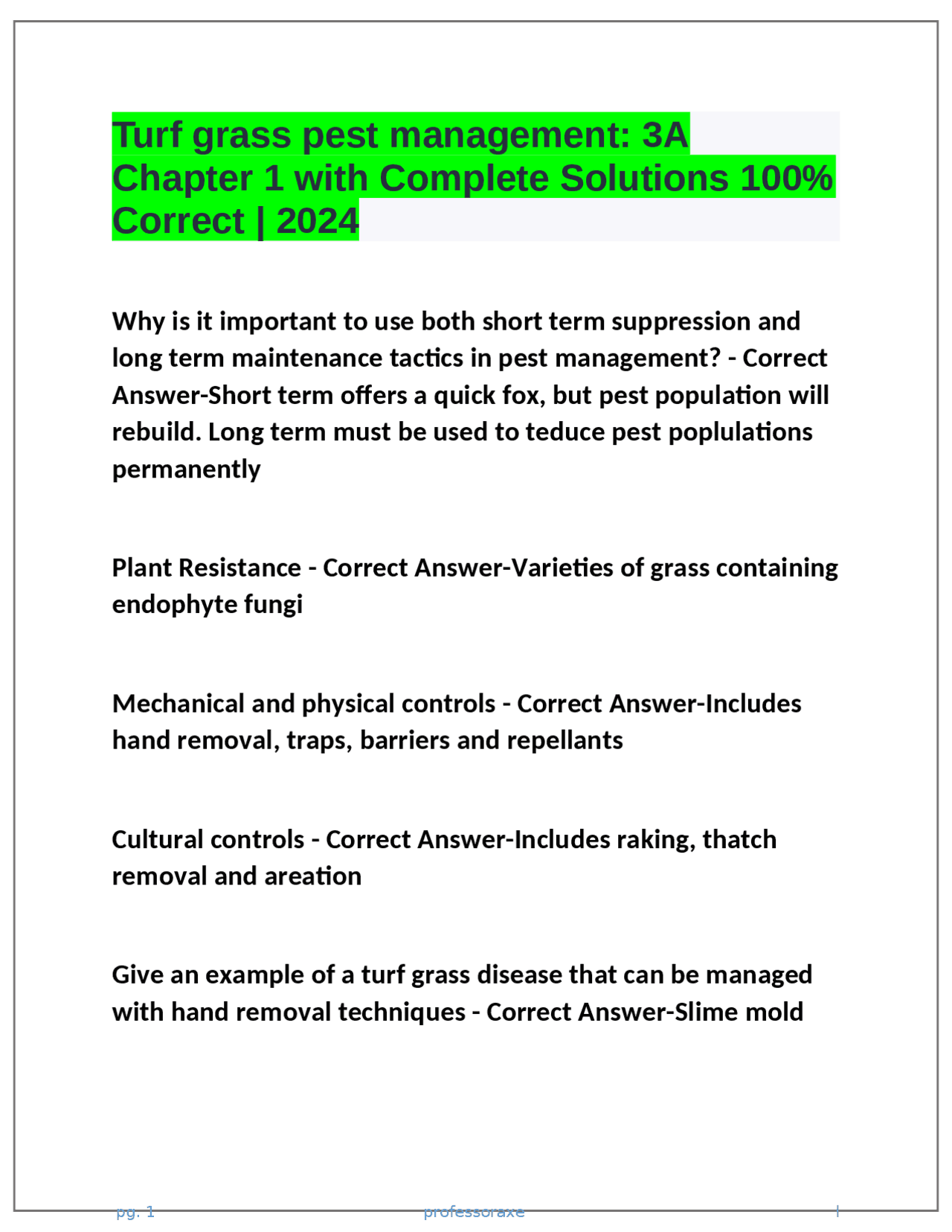 Turf grass pest management: 3A Chapter 1 with Complete Solutions 100% ...