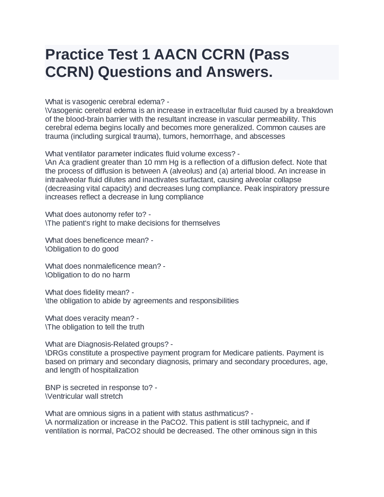 Practice Test 1 AACN CCRN (Pass CCRN) Questions and Answers. | Exams ...