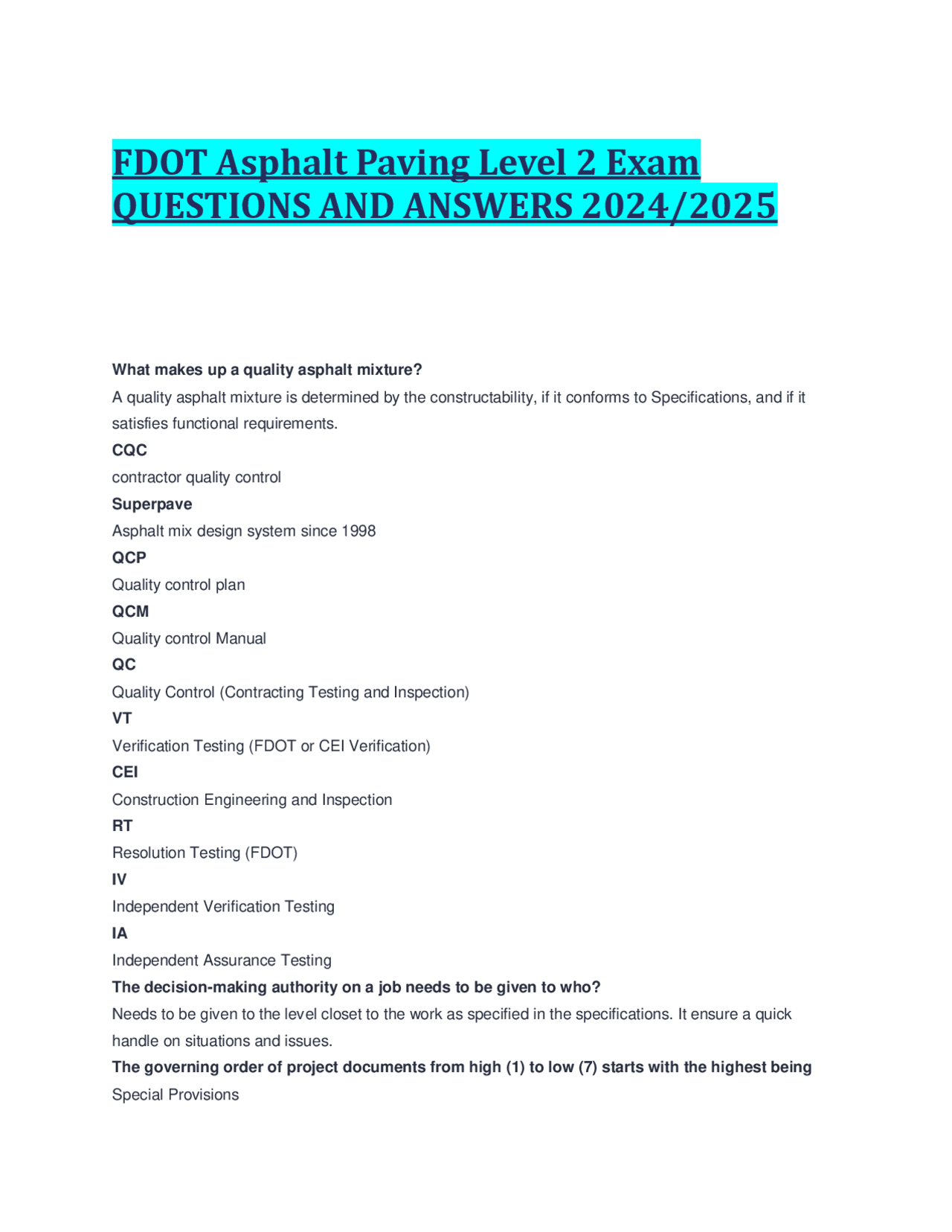 FDOT Asphalt Paving Level 2 Exam QUESTIONS AND ANSWERS 2024/2025 ...
