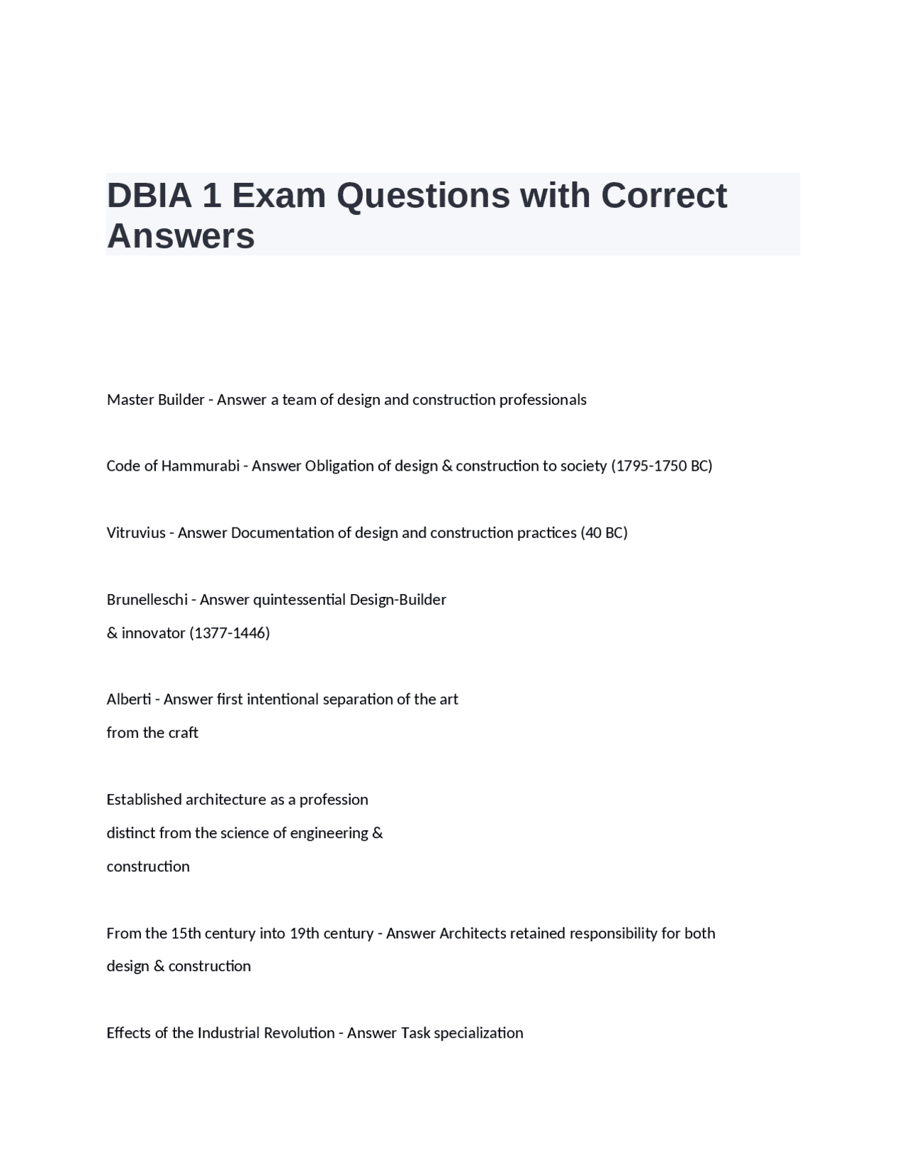 DBIA 1 Exam Questions with Correct Answers | Exams Nursing | Docsity