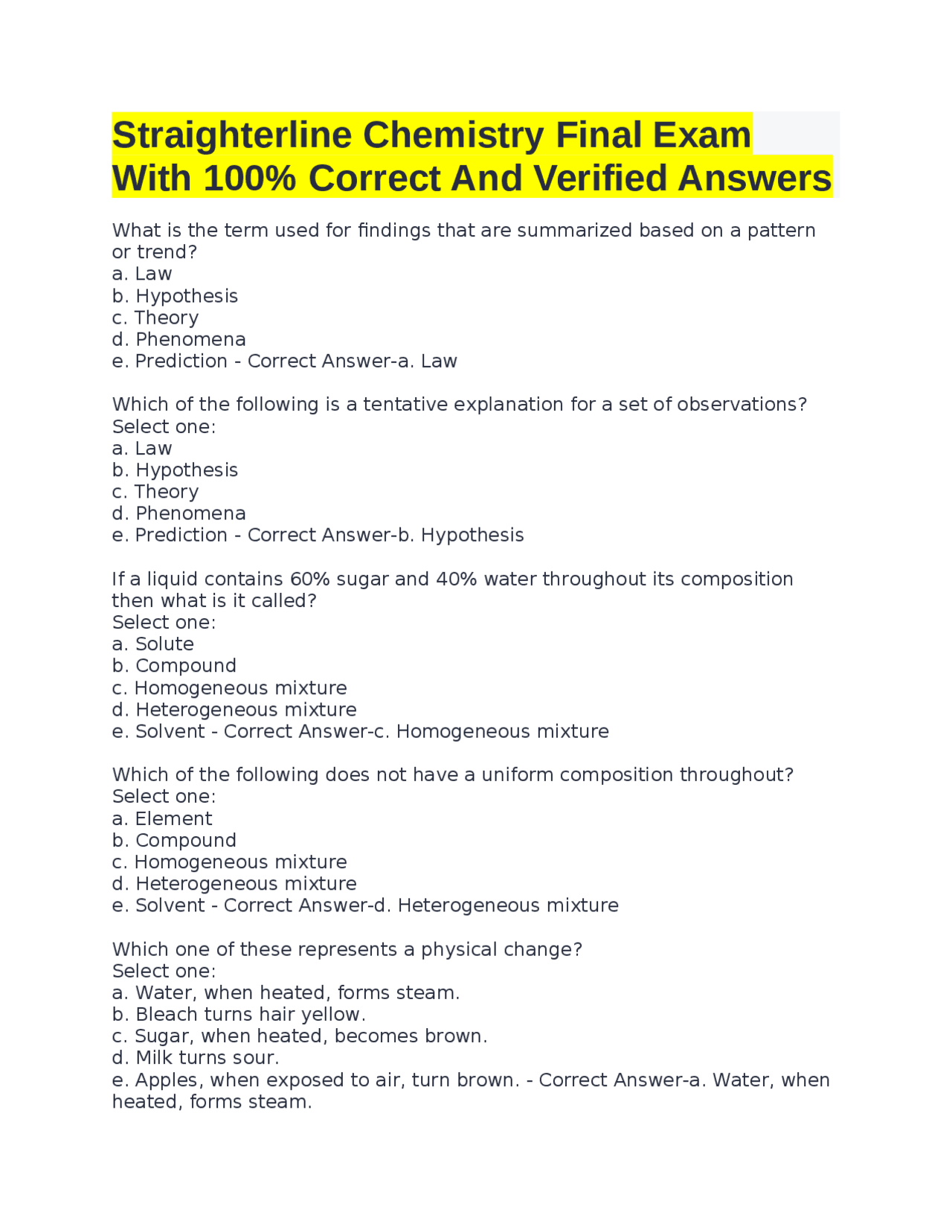 Straighterline Chemistry Final Exam With 100% Correct And Verified ...
