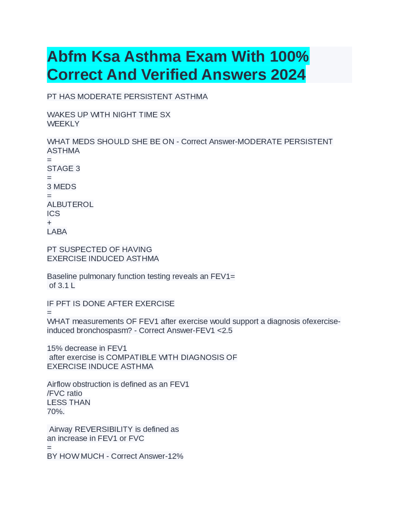 Abfm Ksa Asthma Exam With 100% Correct And Verified Answers 2024 ...